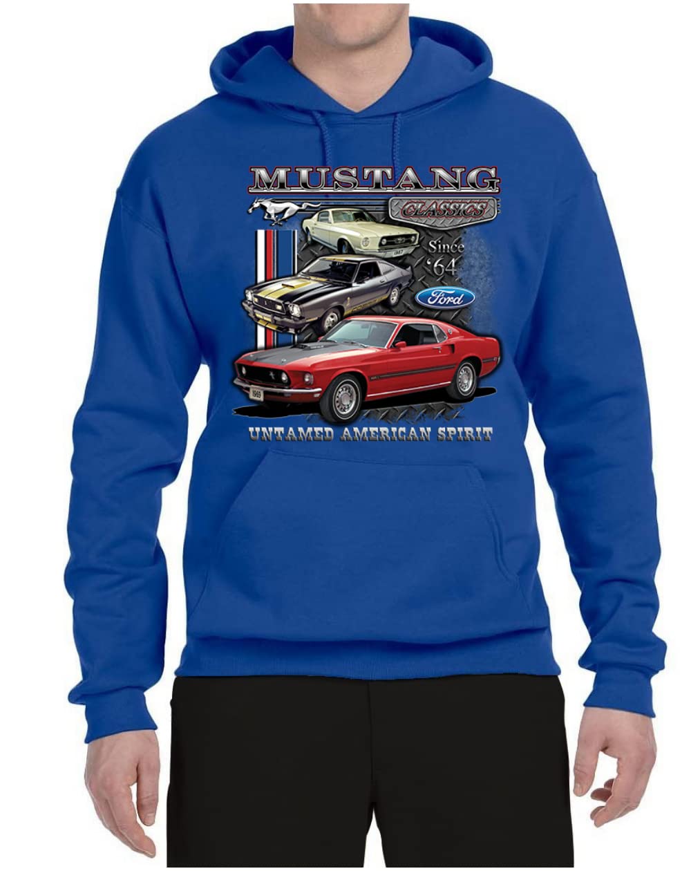 Wild Bobby Ford Mustang Classics Untamed American Spirit Cars and Trucks Unisex Graphic Hoodie Sweatshirt, Royal, Medium