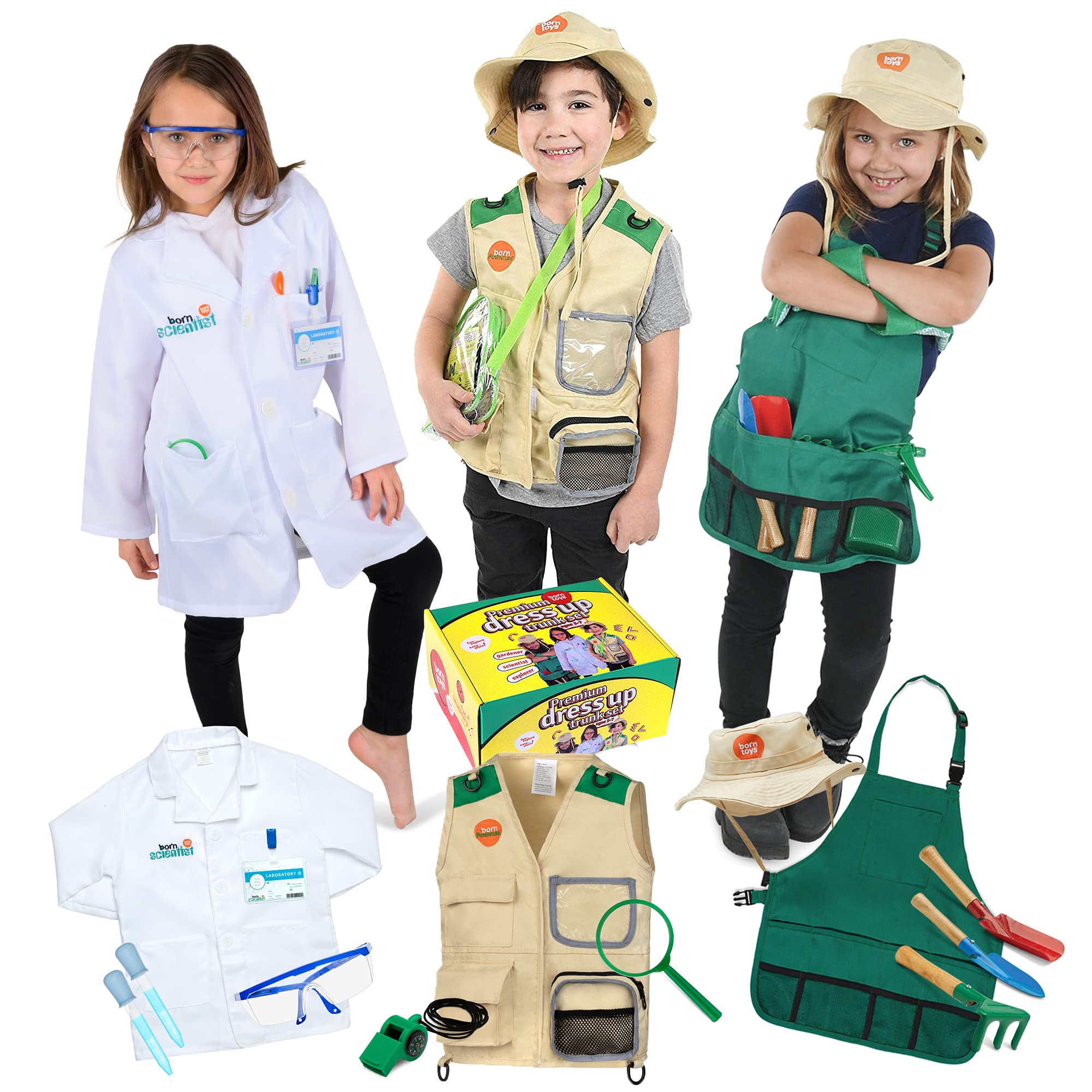 Born Toys Kids Costumes Set, 3-in-1 Dress Up & Pretend Play, Ages 3-7, Washable, Includes Scientist, Explorer, Gardening Accessories