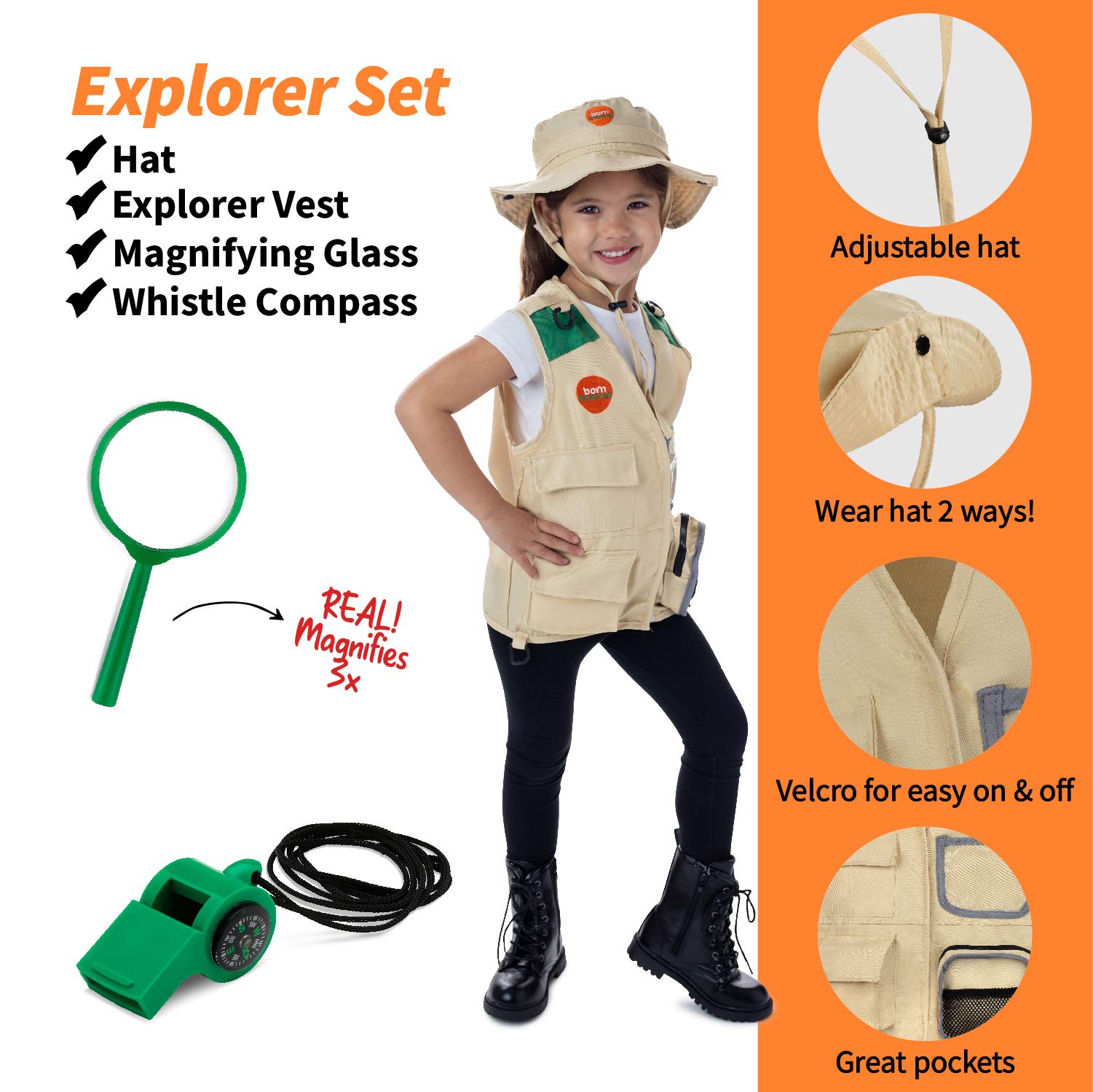 Born Toys Kids Costumes Set, 3-in-1 Dress Up & Pretend Play, Ages 3-7, Washable, Includes Scientist, Explorer, Gardening Accessories