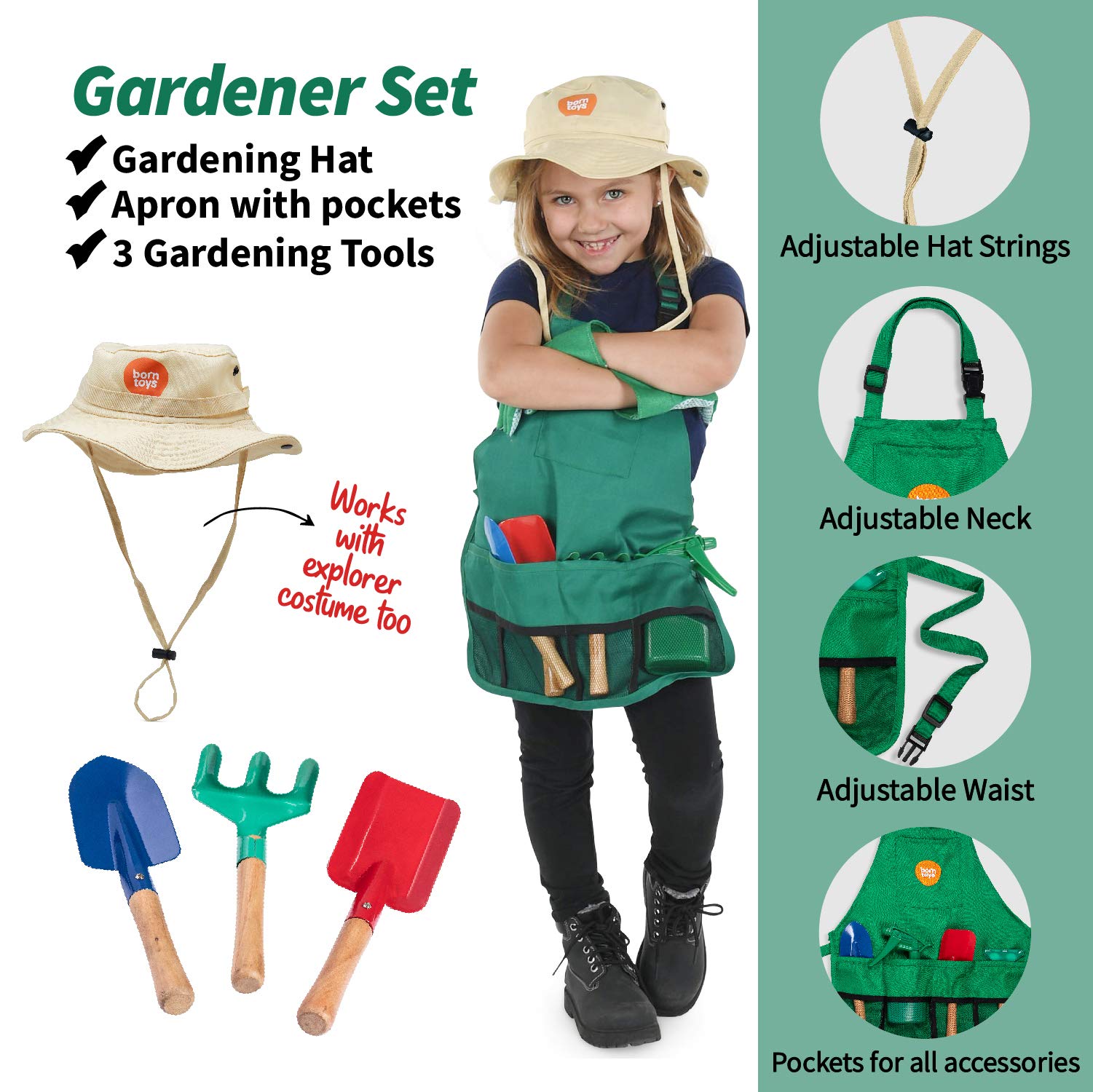 Born Toys Kids Costumes Set, 3-in-1 Dress Up & Pretend Play, Ages 3-7, Washable, Includes Scientist, Explorer, Gardening Accessories