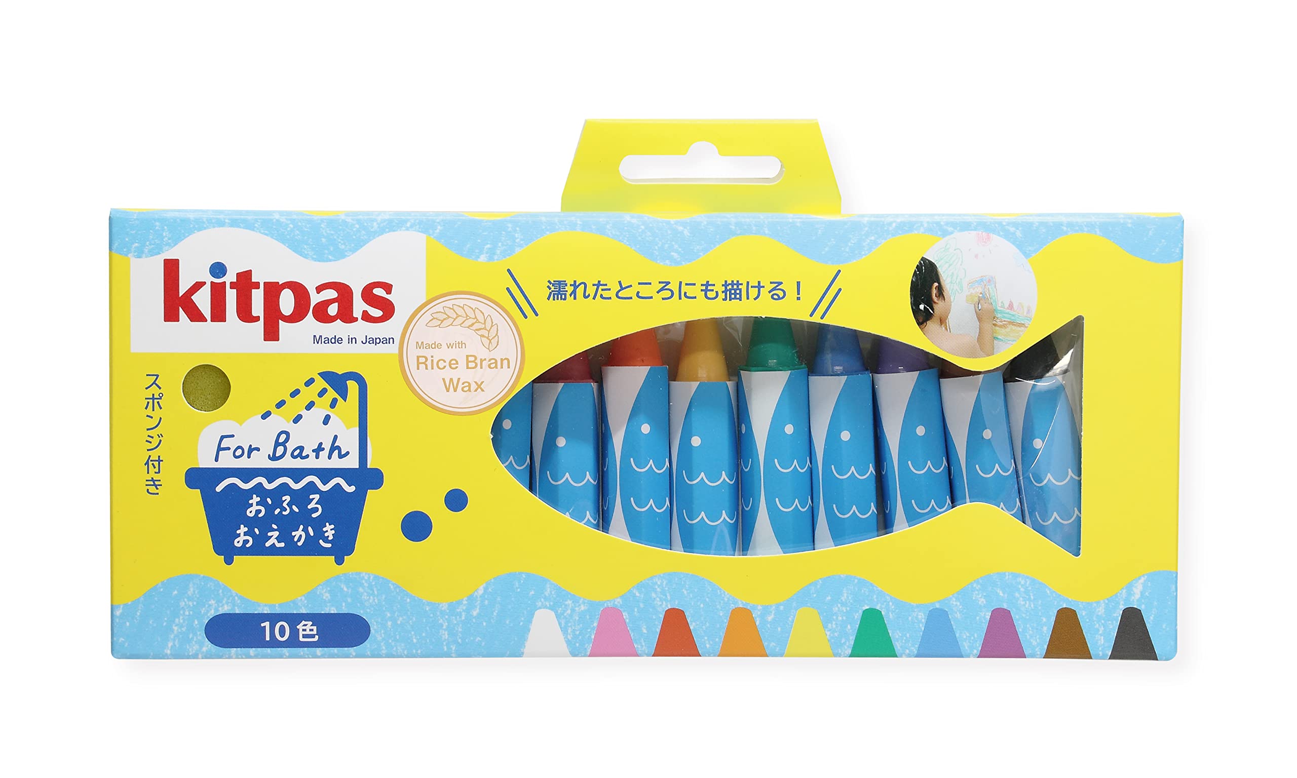 Kitpas English Label Bathtub Crayons 10 Colors with Sponge, For Kids Ages 3+, Bright Colors, Erasable with a Wet Sponge