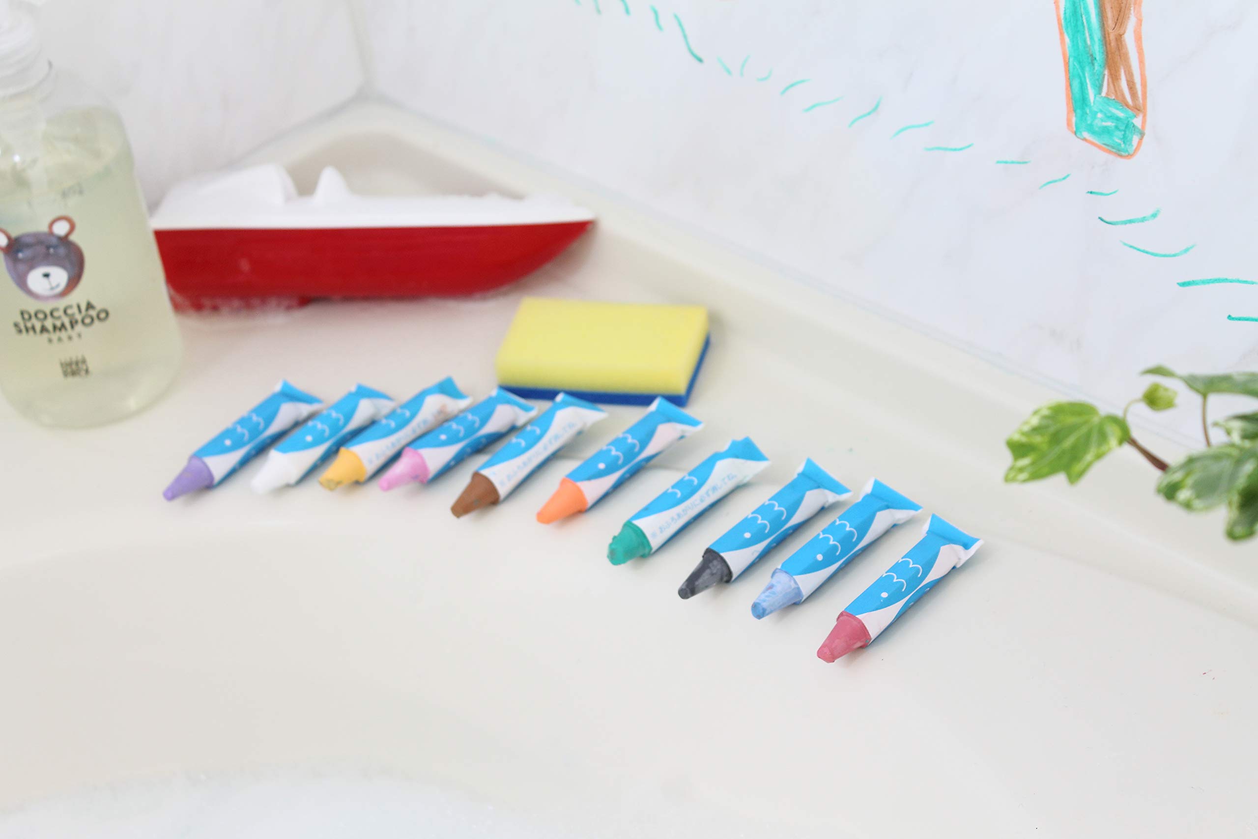 Kitpas English Label Bathtub Crayons 10 Colors with Sponge, For Kids Ages 3+, Bright Colors, Erasable with a Wet Sponge