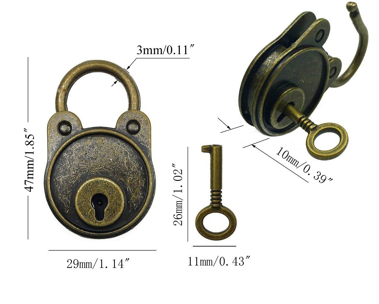 Hyamass 3pcs Vintage Antique Style Mini Archaize Padlocks Key Lock with Keys (Bronze)