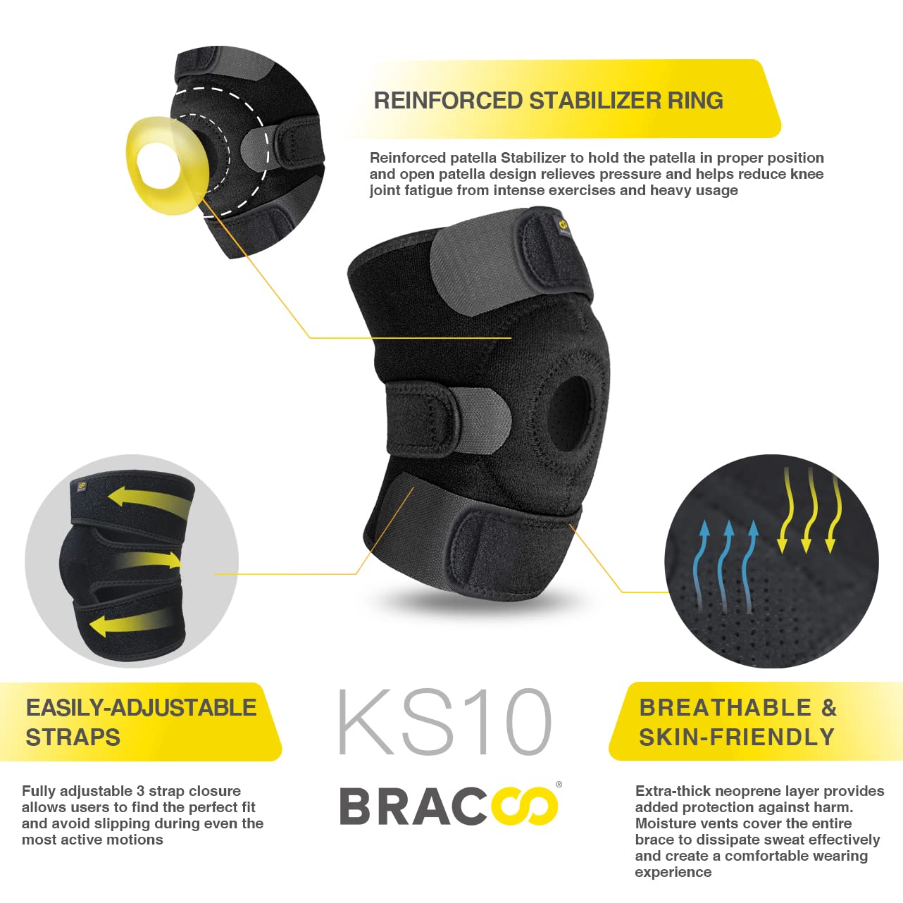 Bracoo Knee Support Brace for Men Women, Adjustable Compression Sleeve Wrap Patellar Pad Tendon - Arthritis Pain, meniscus tear, Injury Recovery, Running, Workout, KS10