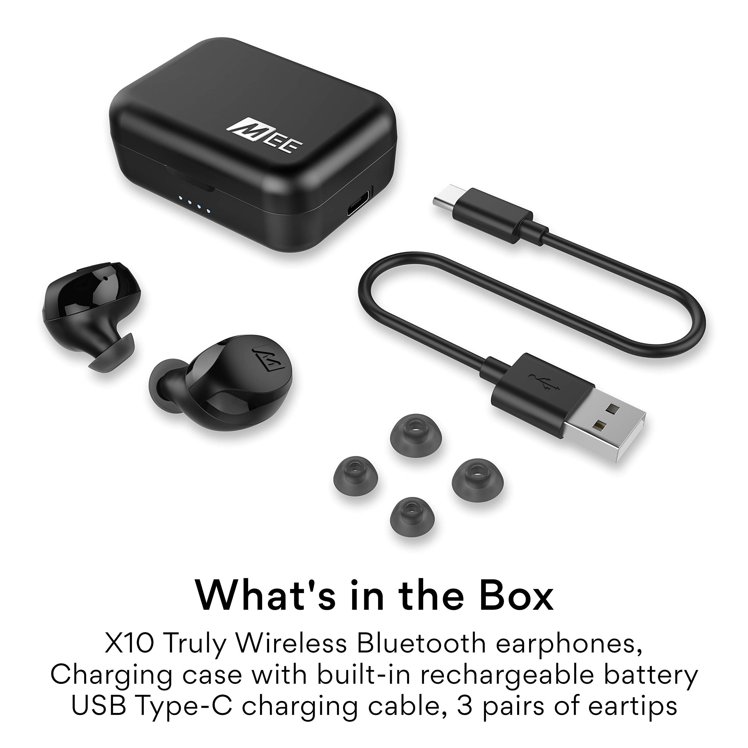 MEE audio X10 Truly Wireless in-Ear Headphones with Ergonomic Design, IPX5 Sweat Resistance, and 4.5 Hours Battery Life (23 Hours with Included Compact Charging case) (Black)