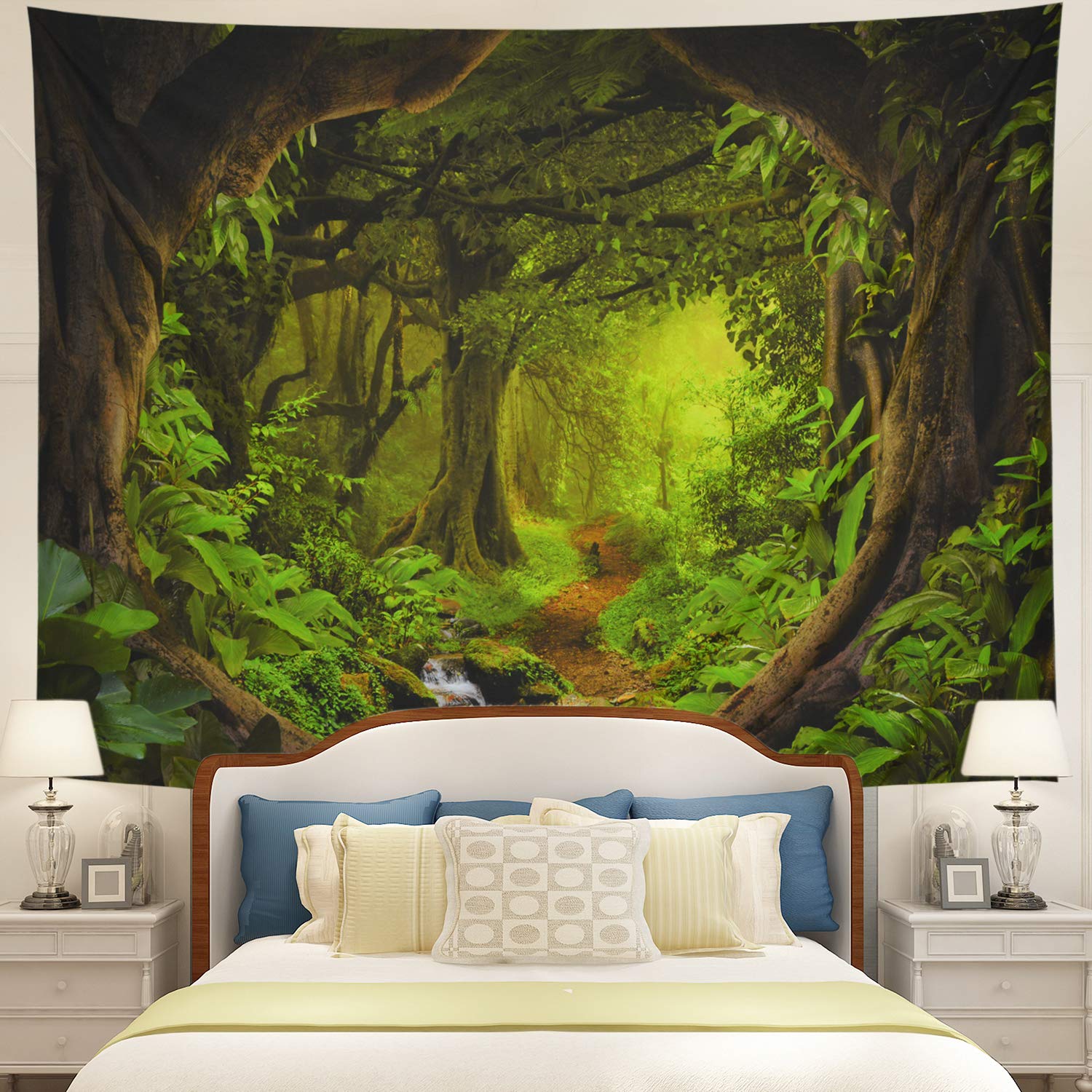 Tushelia Forest Tapestry Nature Tree Cave Tapestry Wall Hanging Misty Forest Tapestry Stream Through Rainforest Tapestry Landscape Wall Tapestry Jungle Creek Psychedelic Tapestry for Living Room