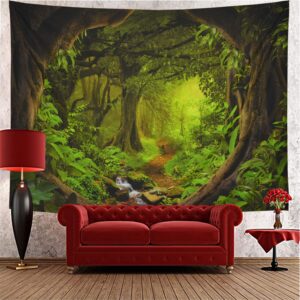 Tushelia Forest Tapestry Nature Tree Cave Tapestry Wall Hanging Misty Forest Tapestry Stream Through Rainforest Tapestry Landscape Wall Tapestry Jungle Creek Psychedelic Tapestry for Living Room