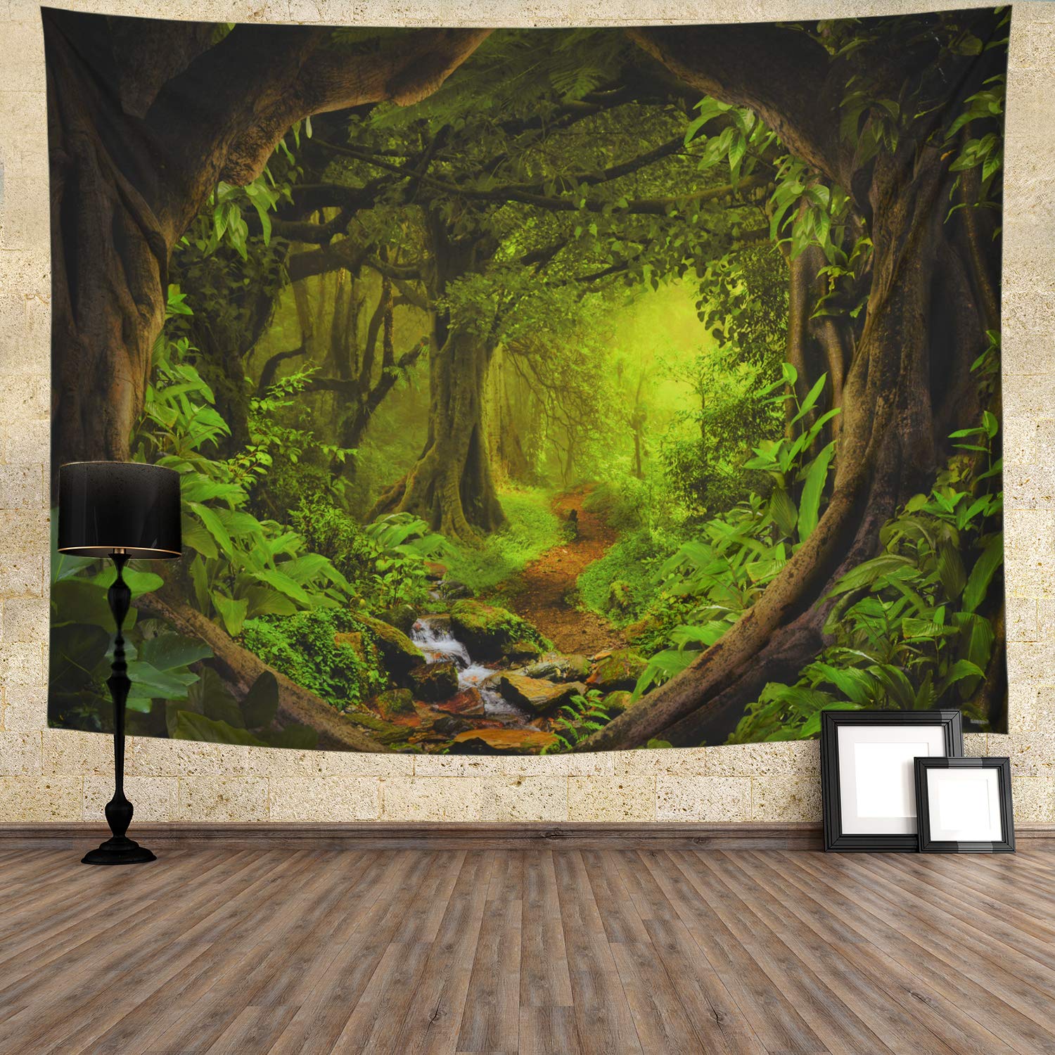 Tushelia Forest Tapestry Nature Tree Cave Tapestry Wall Hanging Misty Forest Tapestry Stream Through Rainforest Tapestry Landscape Wall Tapestry Jungle Creek Psychedelic Tapestry for Living Room