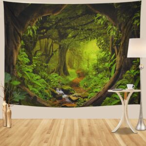 Tushelia Forest Tapestry Nature Tree Cave Tapestry Wall Hanging Misty Forest Tapestry Stream Through Rainforest Tapestry Landscape Wall Tapestry Jungle Creek Psychedelic Tapestry for Living Room