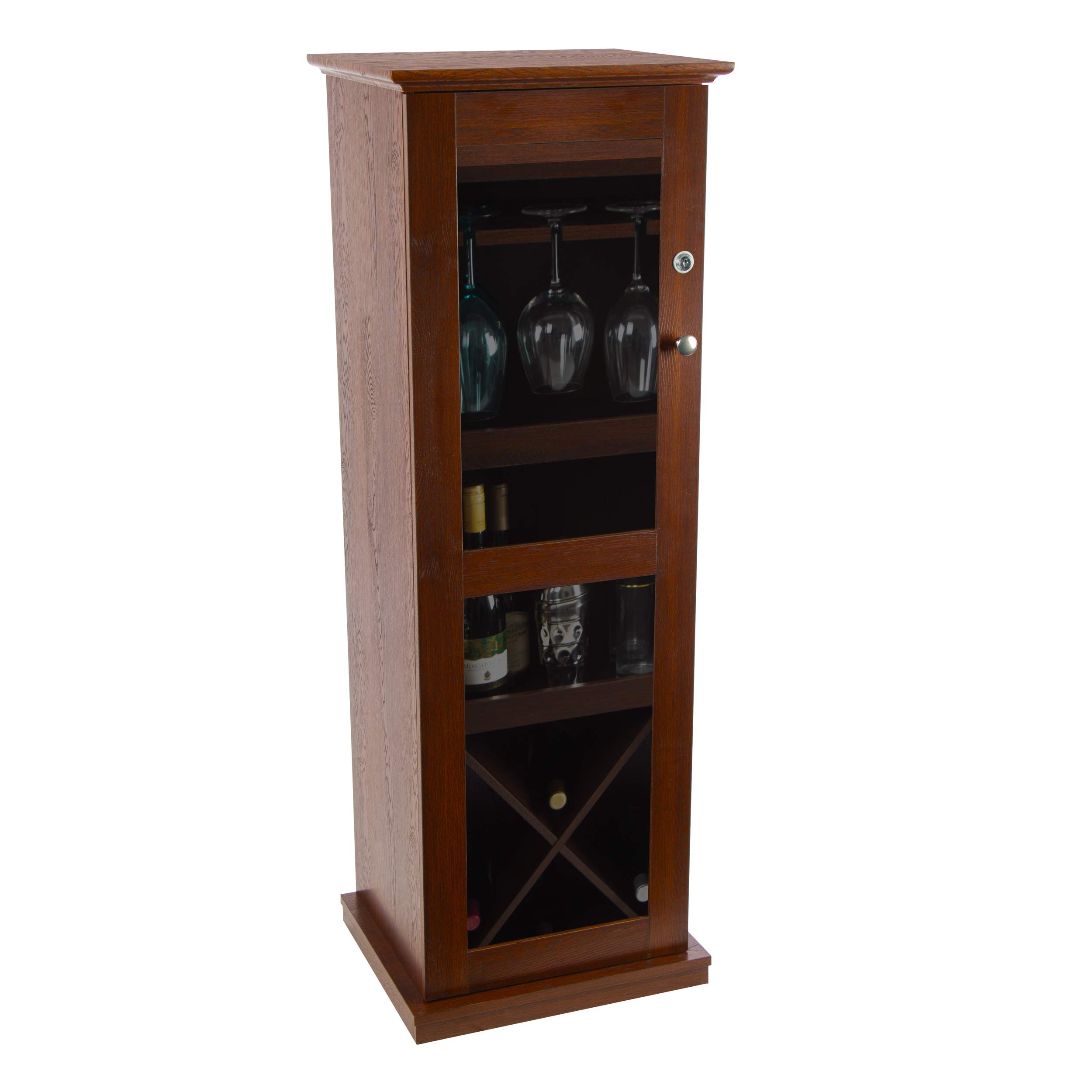 Atlantic Herrin Bar Cabinet, Tempered Glass Lockable Door, European Hidden Hinges, Storage for 9 Wine Glasses & 16 Bottles of Wine, Accessory Drawer & Liquor Storage, PN 38408116 – Textured Chestnut