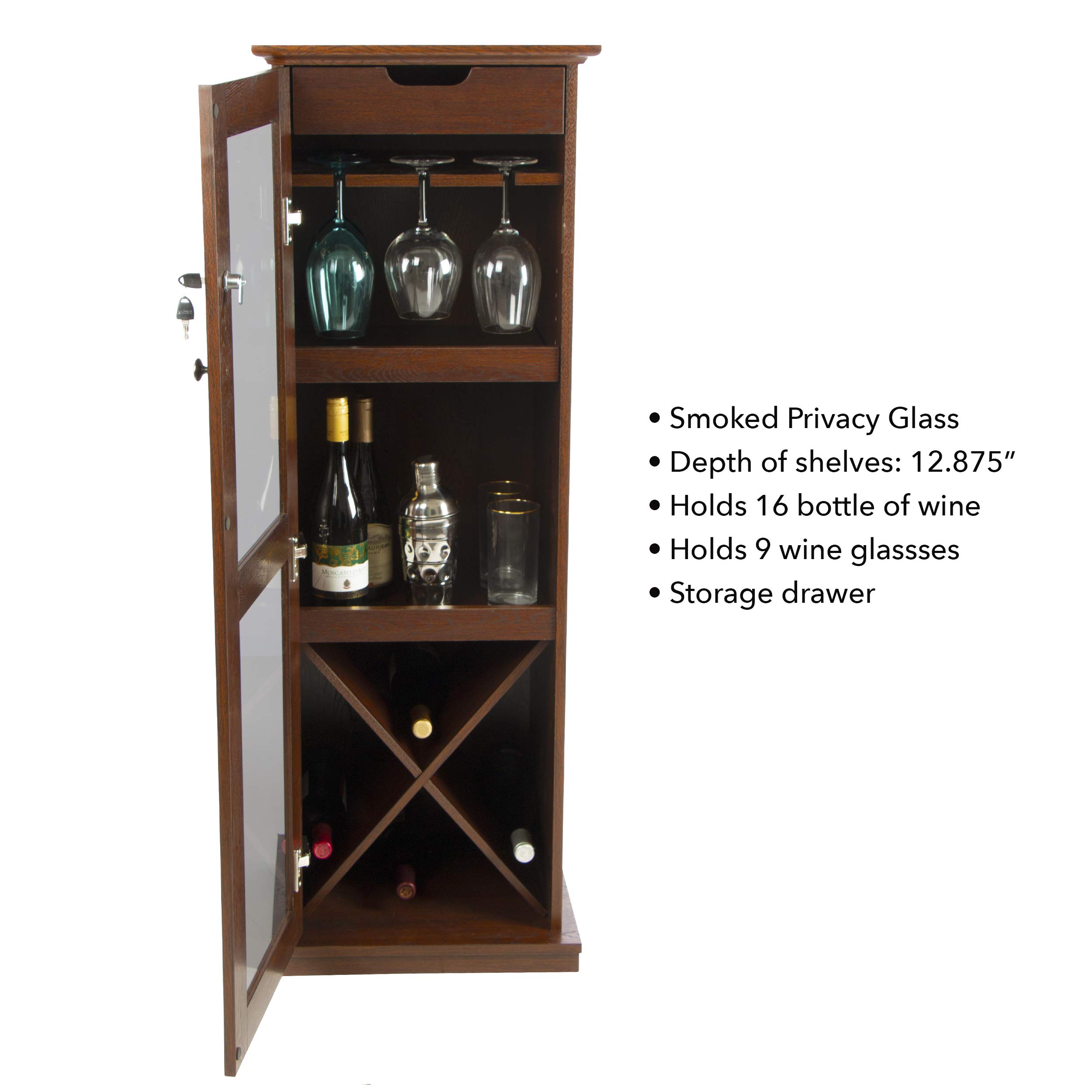 Atlantic Herrin Bar Cabinet, Tempered Glass Lockable Door, European Hidden Hinges, Storage for 9 Wine Glasses & 16 Bottles of Wine, Accessory Drawer & Liquor Storage, PN 38408116 – Textured Chestnut