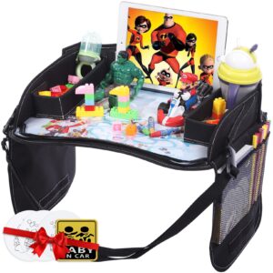 innokids kids travel lap tray children car seat activity snack and play tray desk with erasable surface, ipad & tablet holder, detachable organizers for cars, planes & baby stroller (black)