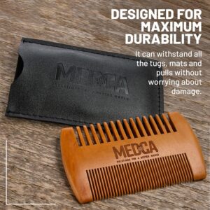 Wooden Beard Comb With Leather Case - Handcrafted Solid Beechwood Beard, Mustache and Head Hair Pocket Combs for Men Dual Action Fine & Coarse Teeth Perfect for Conditioner Oils and Beard Balms