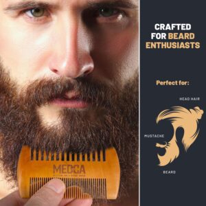 Wooden Beard Comb With Leather Case - Handcrafted Solid Beechwood Beard, Mustache and Head Hair Pocket Combs for Men Dual Action Fine & Coarse Teeth Perfect for Conditioner Oils and Beard Balms