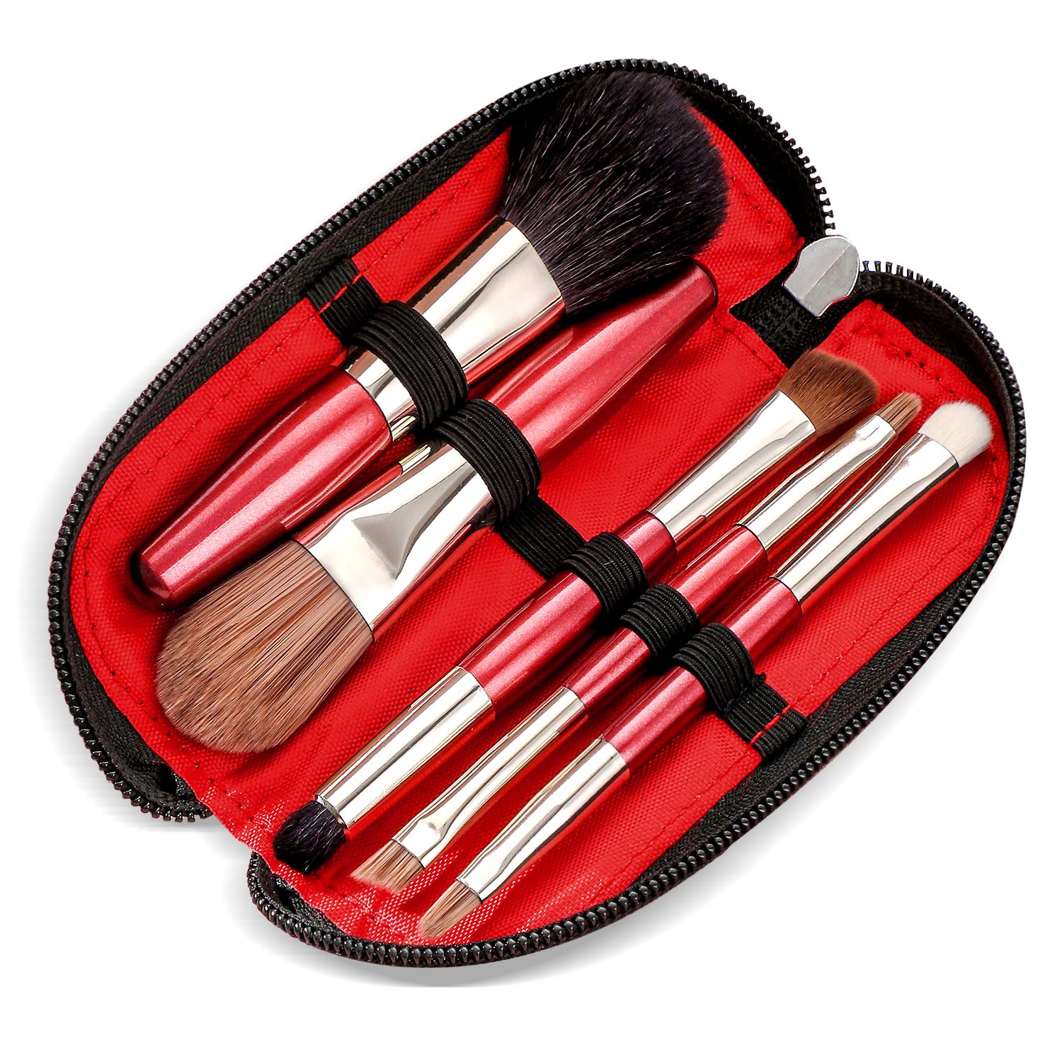 Protable Mini Makeup Brushes Set with Travel Case,5PCS Cosmetic Brushes Kit(Natural and Synthetic Hair)-Includes Foundation-Contouring-Blending-Blush And Eyeshadow Brushes(Travel Size) Red