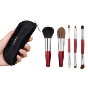 Protable Mini Makeup Brushes Set with Travel Case,5PCS Cosmetic Brushes Kit(Natural and Synthetic Hair)-Includes Foundation-Contouring-Blending-Blush And Eyeshadow Brushes(Travel Size) Red