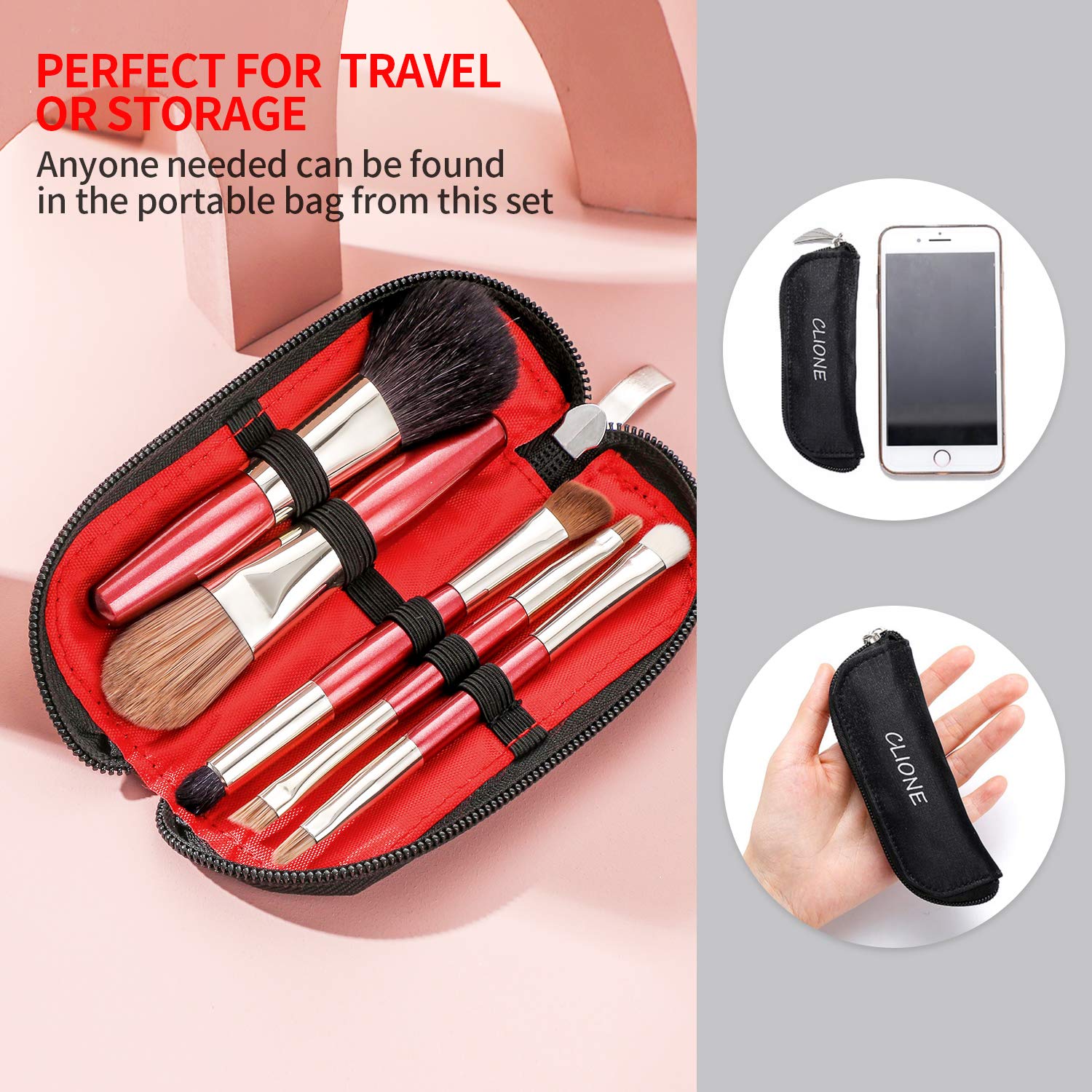 Protable Mini Makeup Brushes Set with Travel Case,5PCS Cosmetic Brushes Kit(Natural and Synthetic Hair)-Includes Foundation-Contouring-Blending-Blush And Eyeshadow Brushes(Travel Size) Red