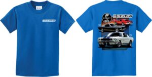 ford mustang various shelby front and back kids shirt, royal xl