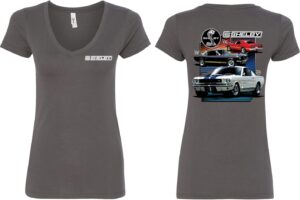 ford mustang various shelby front and back ladies v-neck dark grey md