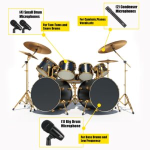 XTUGA New MI7 7-Piece Wired Dynamic Drum Mic Kit Whole Metal- Kick Bass Microphone Set Use for Drums Vocal Other Instrument Complete with Thread Clip Inserts Mics Holder