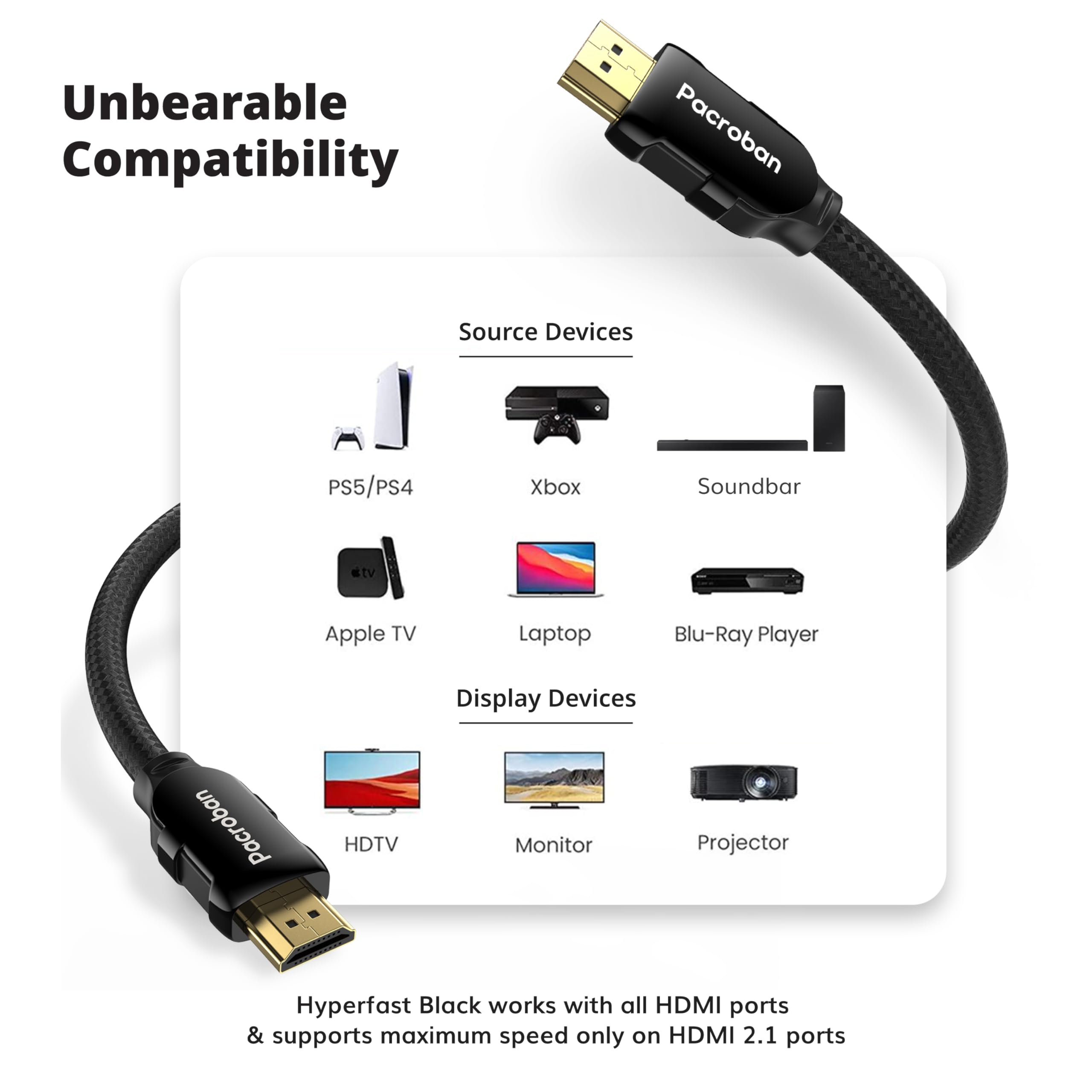 Pacroban 8K HDMI Cable 2.1, 48Gbps Ultra High Speed HDMI Cord, 4K@120Hz, ARC, eARC, Dolby Atmos, HDCP 2.3, HDR, Available in 3FT, 6FT, 10FT, 13FT, 16FT, 25FT, 30FT, 50FT, 75FT (3FT Black)