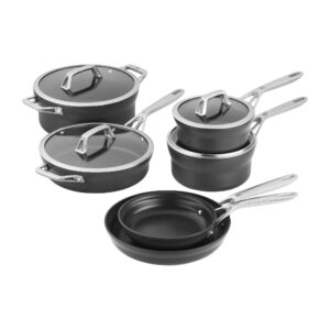 zwilling motion nonstick hard-anodized 10-piece cookware set in grey, dutch oven, fry pan, saucepan