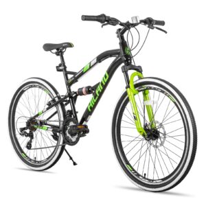 hiland 26 inch mens mountain bike,full-suspension 21 speeds drivetrain with disc-brake mtb bicycle, bike for men women