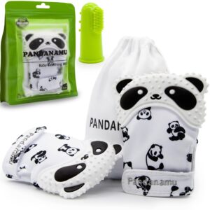 baby teething mitten panda teether mitten with baby toothbrush & massager teething glove mitt infant toy(2 mittens with toothbrush)