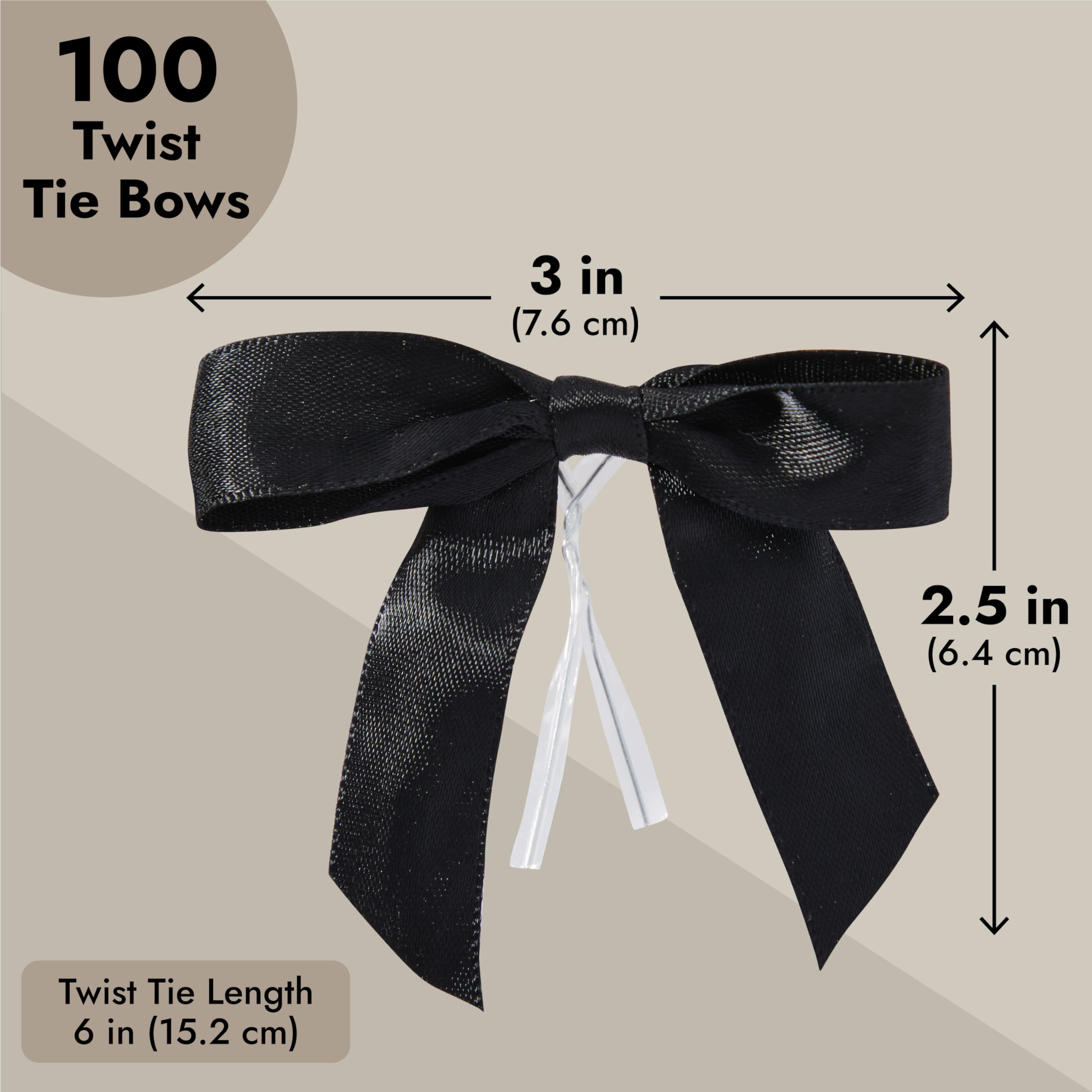 Juvale 100-Pack Twist Tie Bows for Crafts, Pre-Tied Satin Ribbon for Gift Wrap Bags, Party Favors, Baked Goods, Cookies, Mini Bowties for Hair Decorations (2.5x3 in, Black)