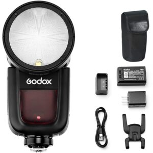 godox v1-o round head camera flash speedlite, 2.4g x wireless hss 76ws speedlight flash with li-on battery powered compatible with panasonic dslr cameras