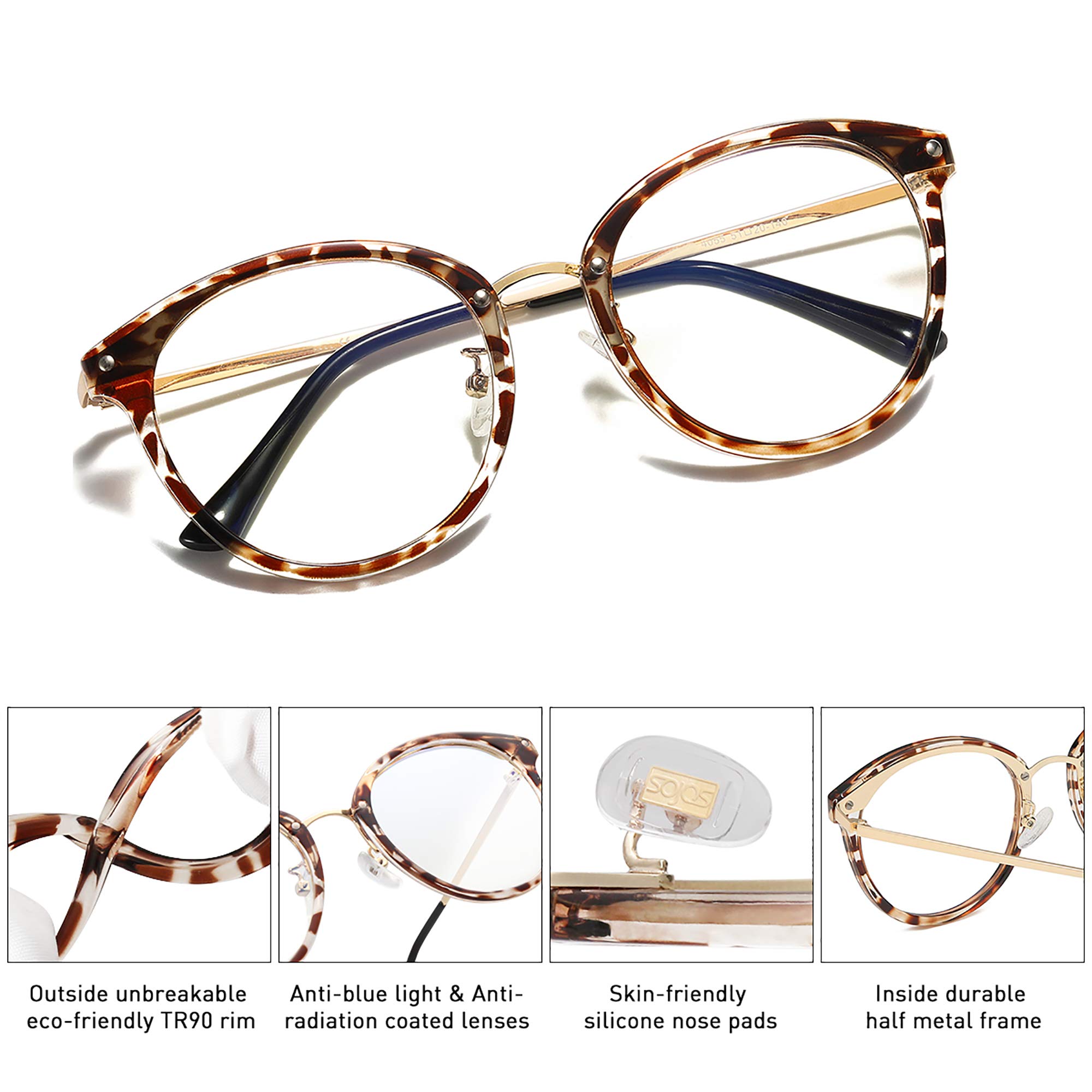 SOJOS Retro Round TR90 Blue Light Reading Glasses Womens Mens Readers Computer Glasses Eyewear Frame SJ9001, Bright Leopard Frame 0.00 x