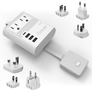 orei world travel plug adapter m8 max, 3 usb + pd 18w usb-c input - 2 usa outlets - attachments for europe, asia, china, japan, africa - perfect for cell phones, tablets, cameras and more