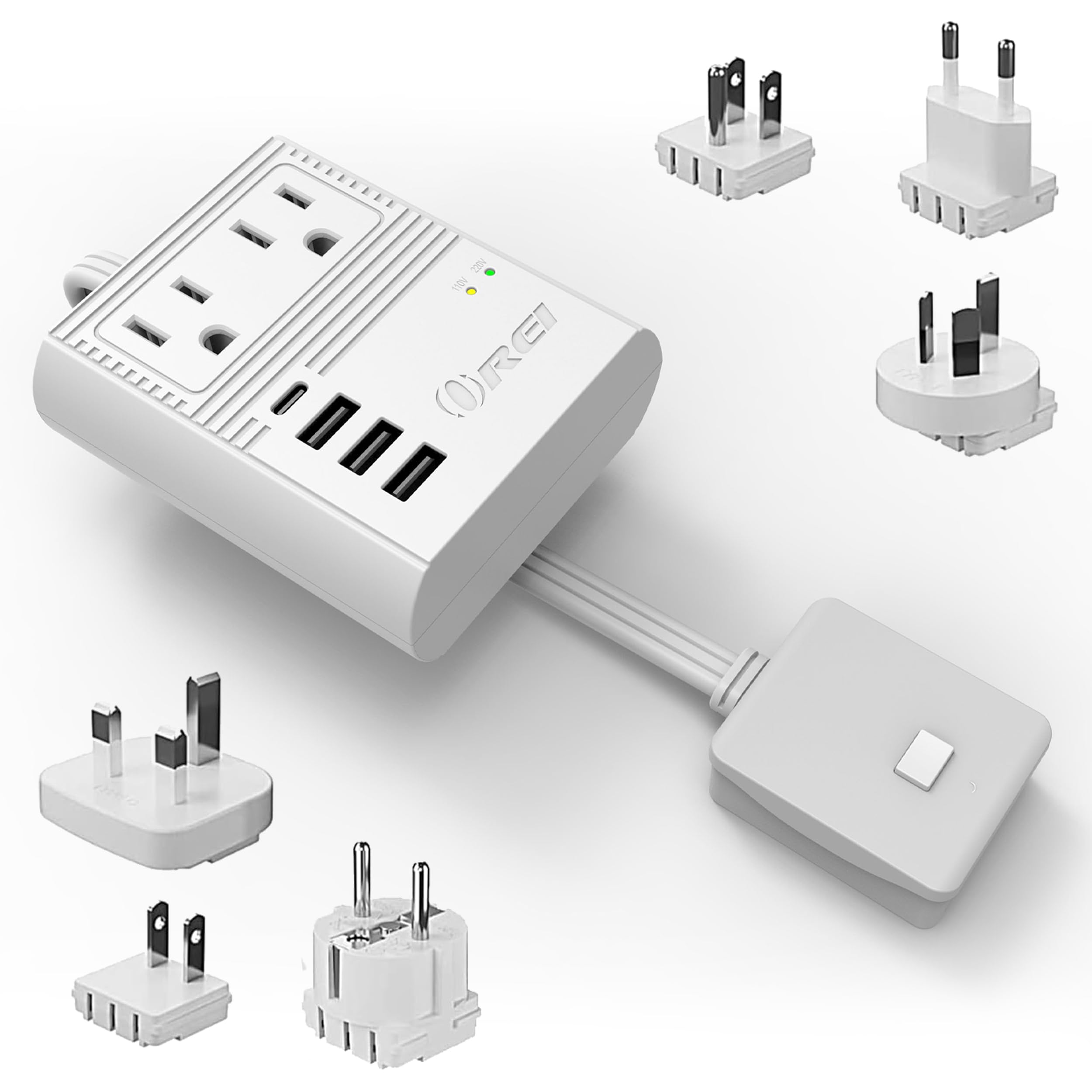 OREI World Travel Plug Adapter M8 Max, 3 USB + Pd 18W USB-C Input - 2 USA Outlets - Attachments for Europe, Asia, China, Japan, Africa - Perfect for Cell Phones, Tablets, Cameras and More