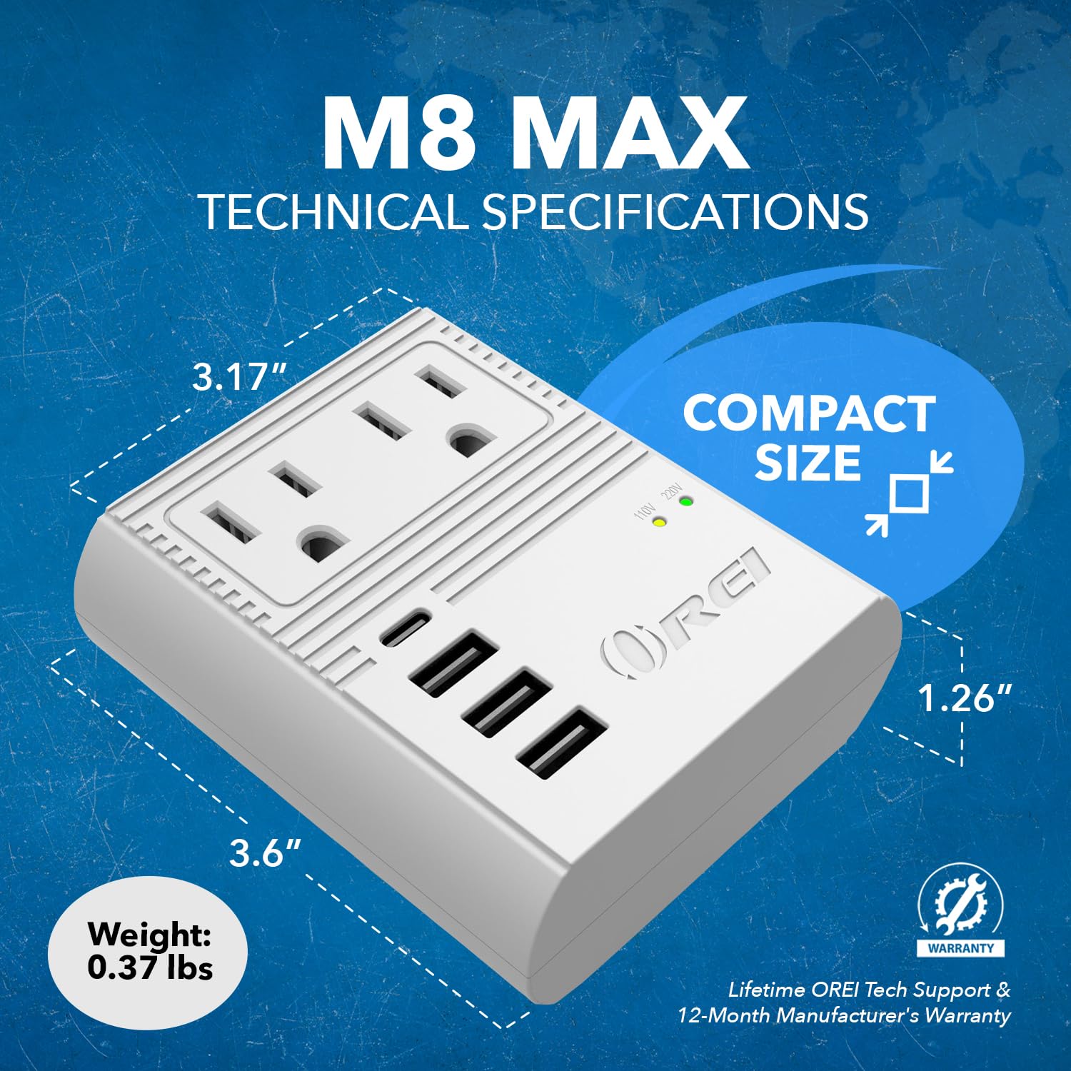 OREI World Travel Plug Adapter M8 Max, 3 USB + Pd 18W USB-C Input - 2 USA Outlets - Attachments for Europe, Asia, China, Japan, Africa - Perfect for Cell Phones, Tablets, Cameras and More