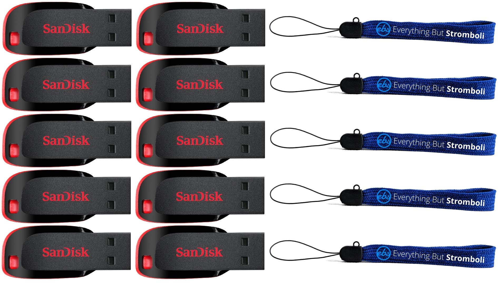 SanDisk Cruzer Blade 128GB (10 Pack Bundle) USB 2.0 Flash Drive Jump Drive Pen USB Drive (SDCZ50-128G-B35) Plus (5) Everything But Stromboli (TM) Lanyard