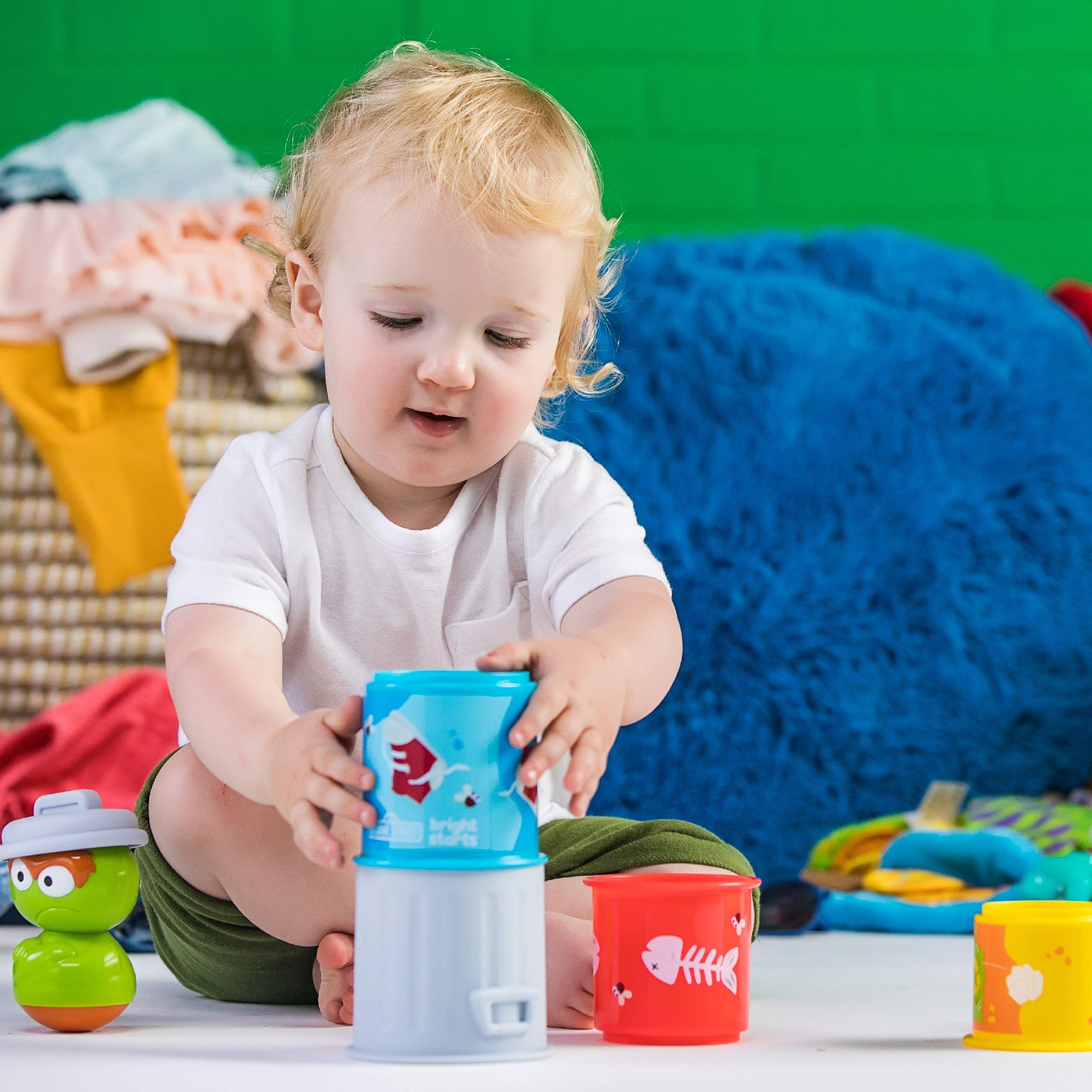 Bright Starts Sesame Street Oscar the Grouch’s Stacking Cans Stackable Cups, Ages 3-12 months