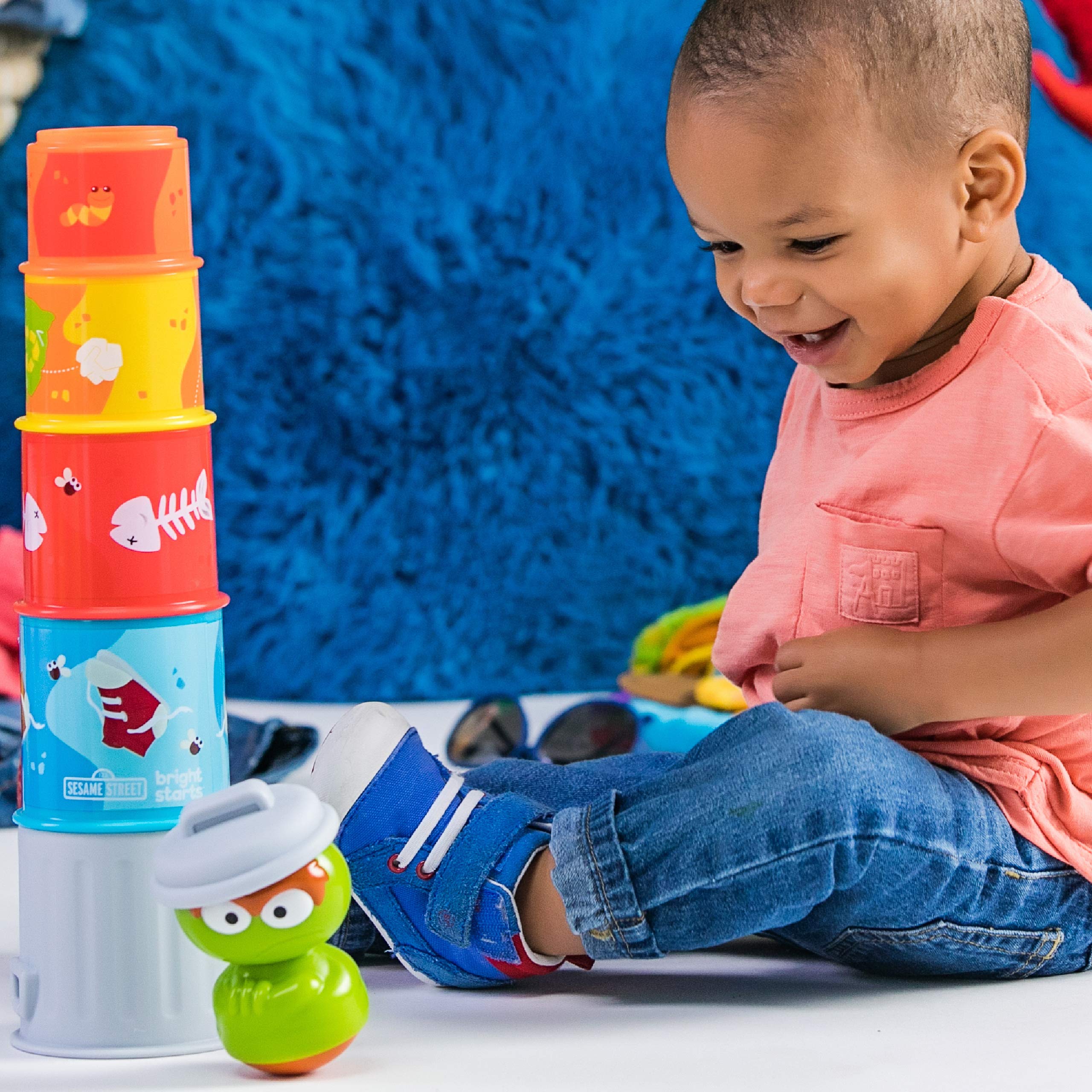 Bright Starts Sesame Street Oscar the Grouch’s Stacking Cans Stackable Cups, Ages 3-12 months