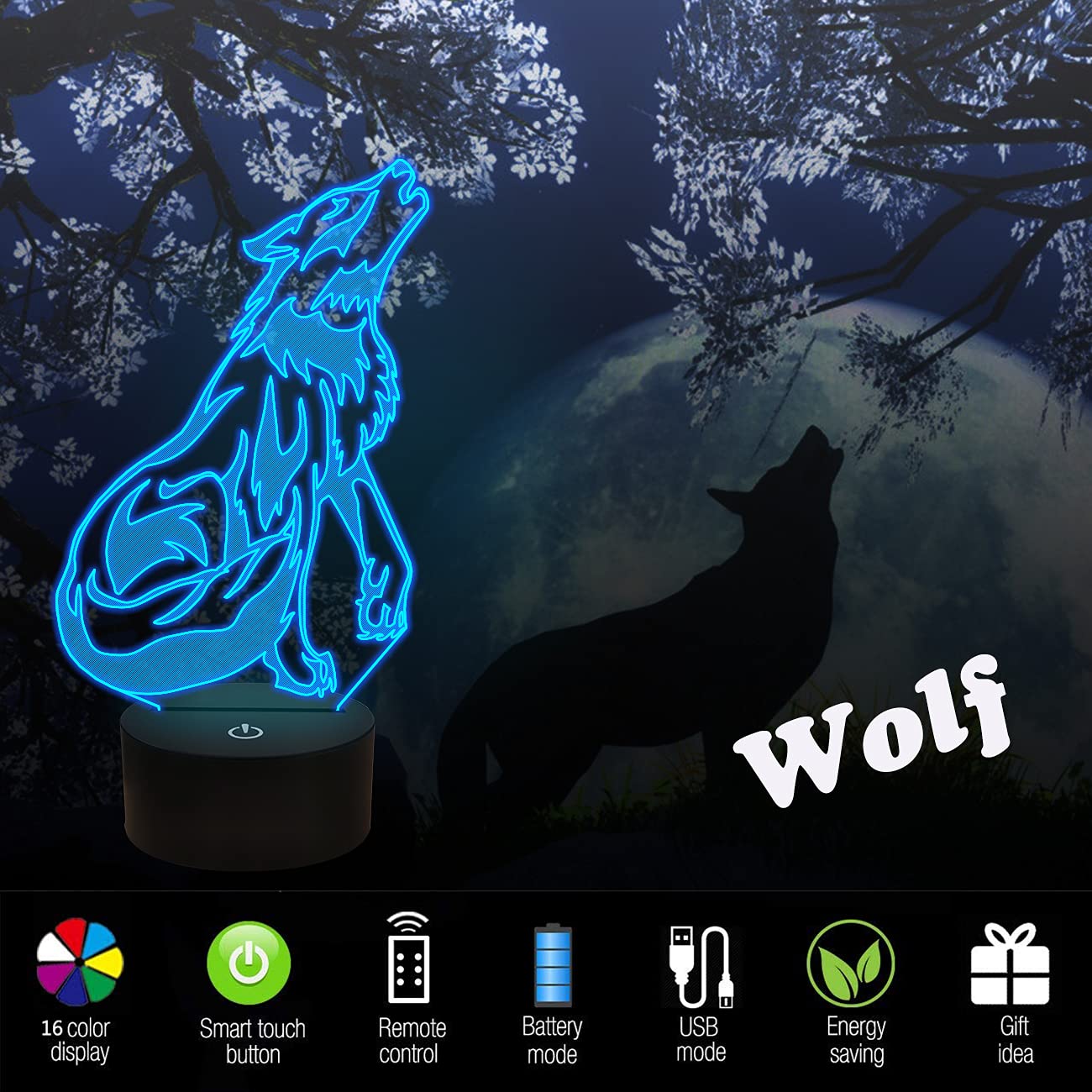 FULLOSUN Wolf Gifts, 3D Night Light for Kids Optical Illusion Lamp Co-Sleeping,Remote Controller with 16 Color Changing Birthday Gifts & for Kids, Boys & Men