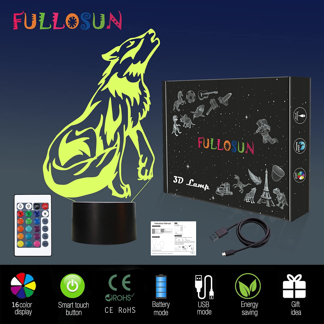 FULLOSUN Wolf Gifts, 3D Night Light for Kids Optical Illusion Lamp Co-Sleeping,Remote Controller with 16 Color Changing Birthday Gifts & for Kids, Boys & Men