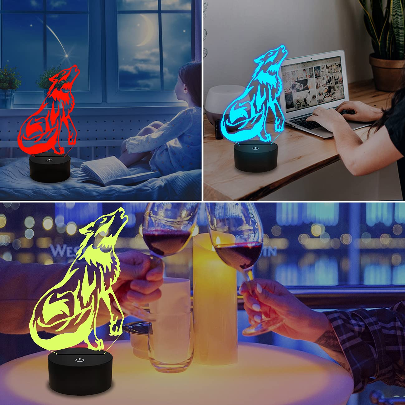 FULLOSUN Wolf Gifts, 3D Night Light for Kids Optical Illusion Lamp Co-Sleeping,Remote Controller with 16 Color Changing Birthday Gifts & for Kids, Boys & Men