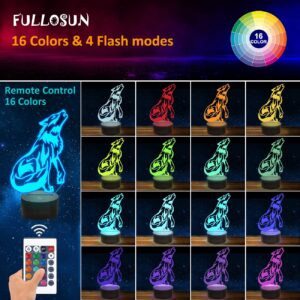 FULLOSUN Wolf Gifts, 3D Night Light for Kids Optical Illusion Lamp Co-Sleeping,Remote Controller with 16 Color Changing Birthday Gifts & for Kids, Boys & Men