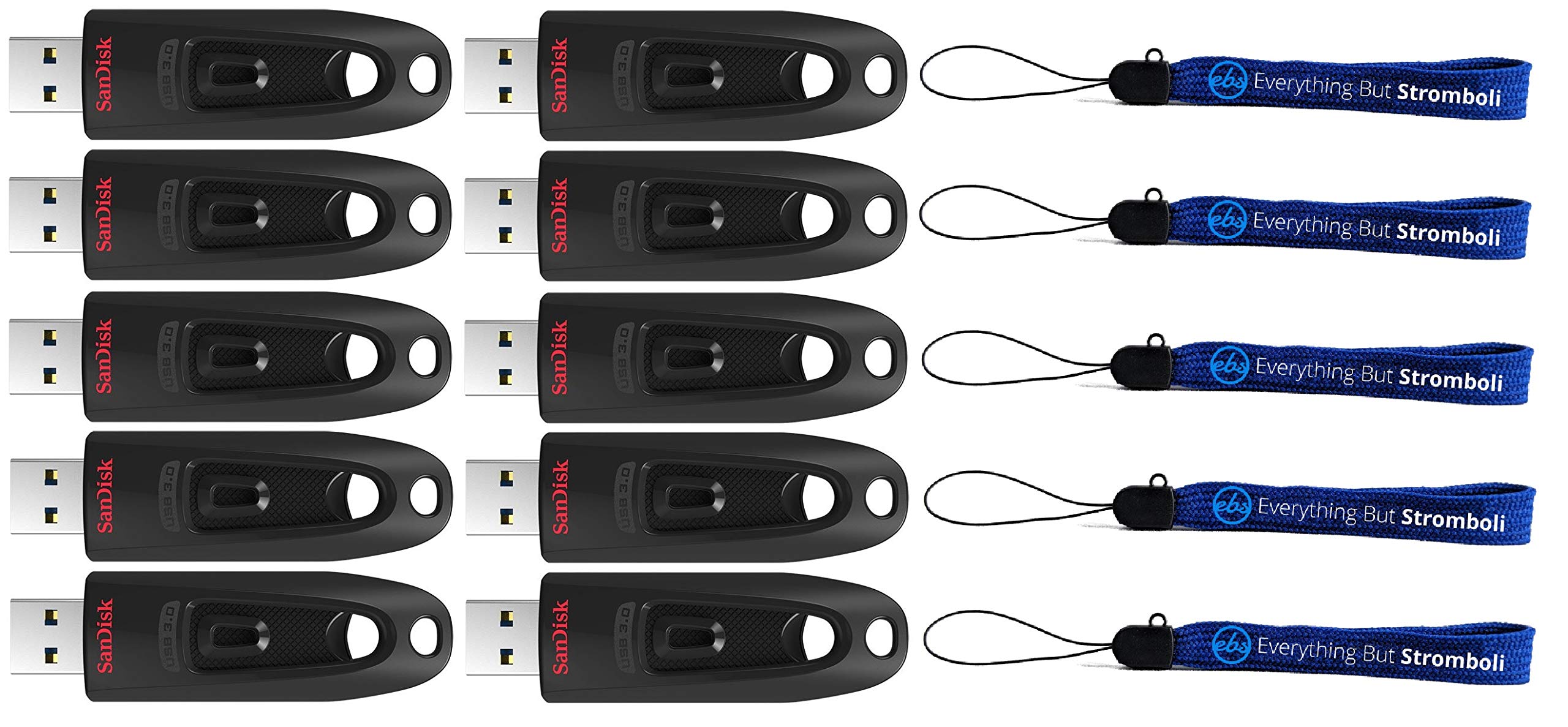 SanDisk 128GB Flash Ultra (10 Pack Bundle) 3.0 USB Flash Drive High Performance Thumb Drive (SDCZ48-128G-U46) Plus (5) Everything But Stromboli (TM) Lanyard