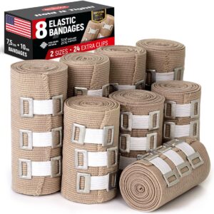 premium elastic bandage wrap – 8pk (4x3”, 4x4”) + 24 extra clips – strong compression bandage wrap - wrist, ankle, foot, knee wrap