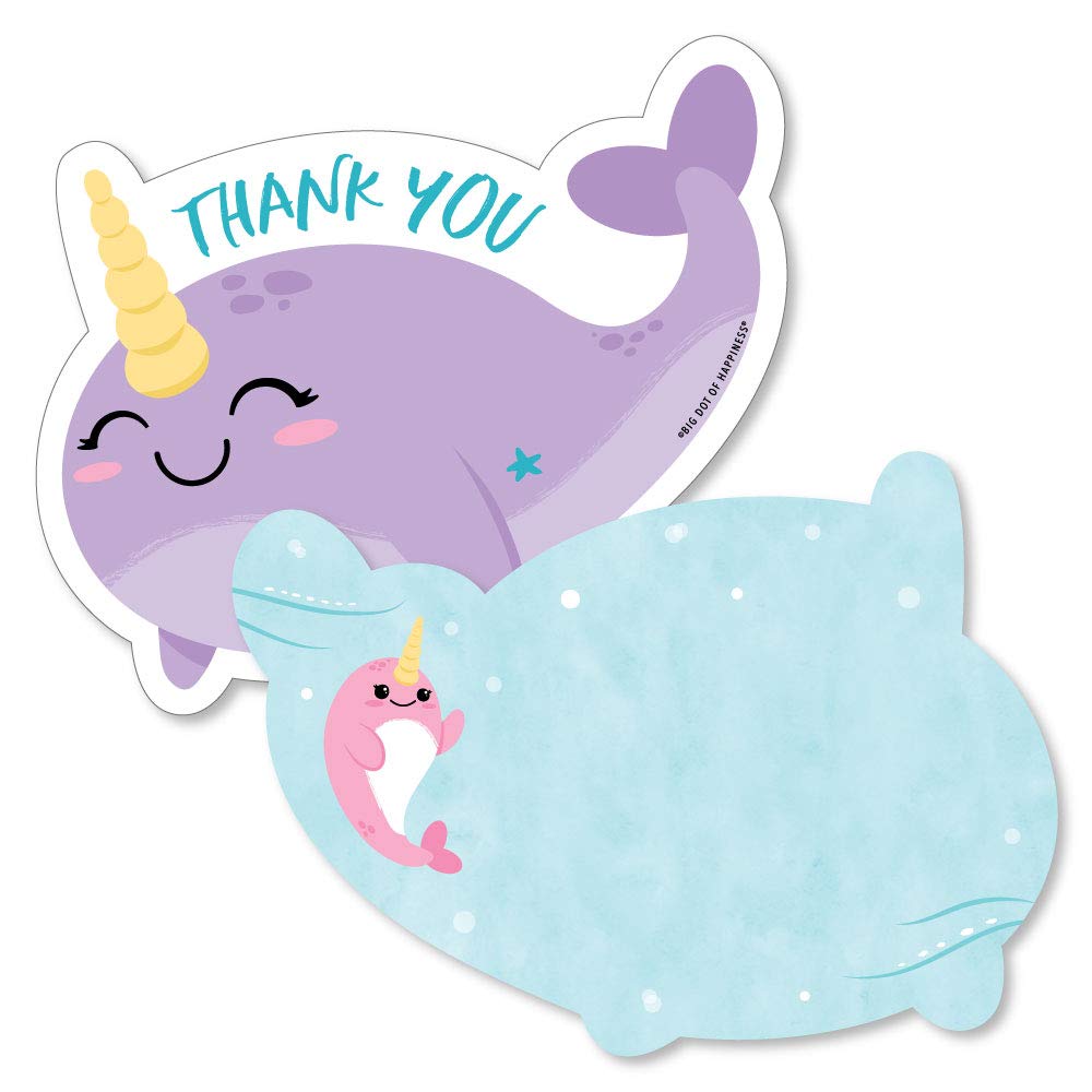 Big Dot of Happiness - Narwhal Girl - Shaped Thank You Cards - Under The Sea Baby Shower or Birthday Party Thank You Note Cards with Envelopes - Set of 12