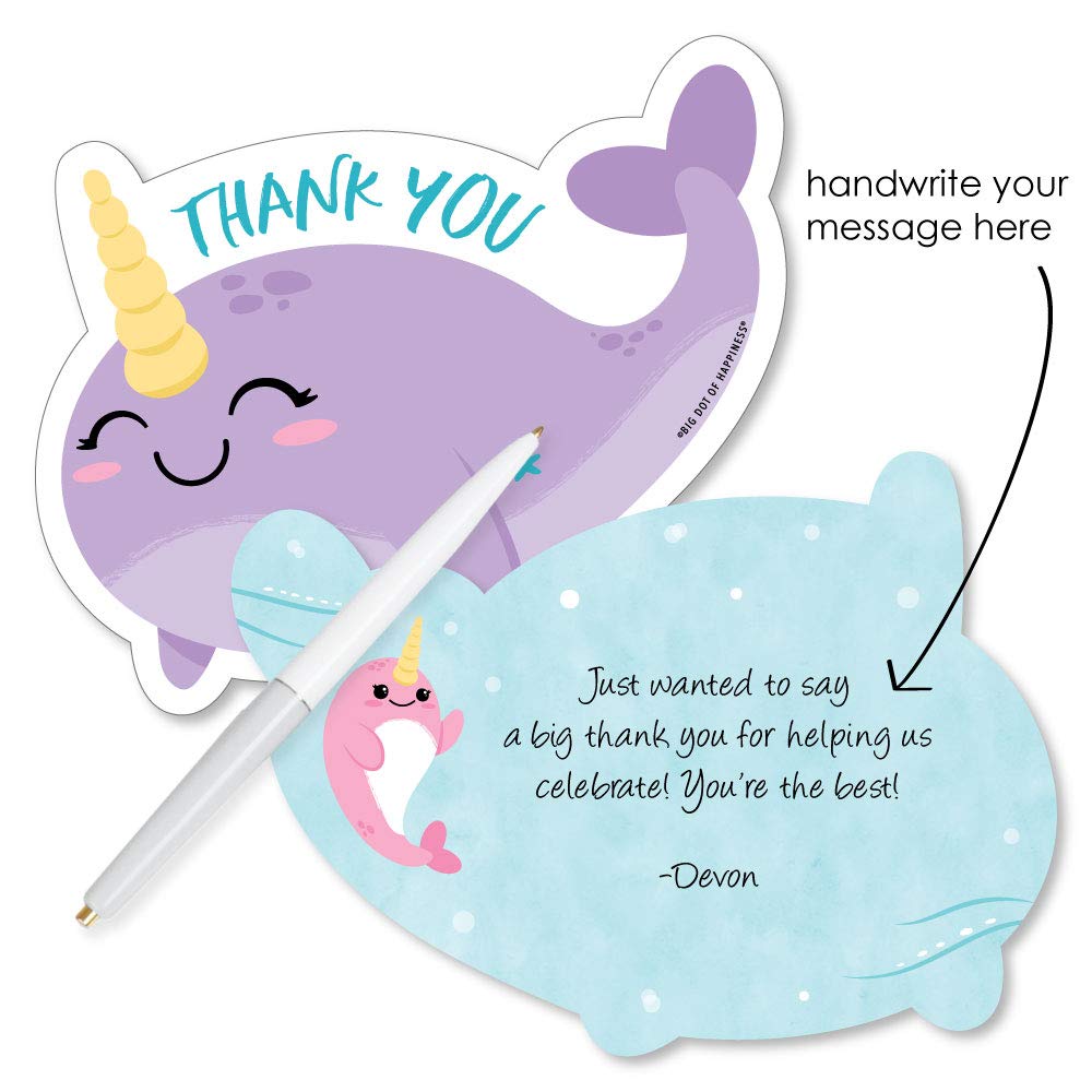 Big Dot of Happiness - Narwhal Girl - Shaped Thank You Cards - Under The Sea Baby Shower or Birthday Party Thank You Note Cards with Envelopes - Set of 12