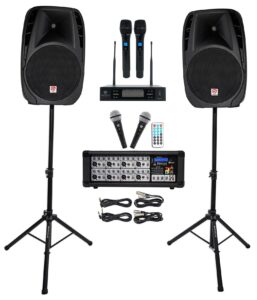 rockville rpg2x15 powered bluetooth mixer+(2) 15" speakers+stands+wireless mics