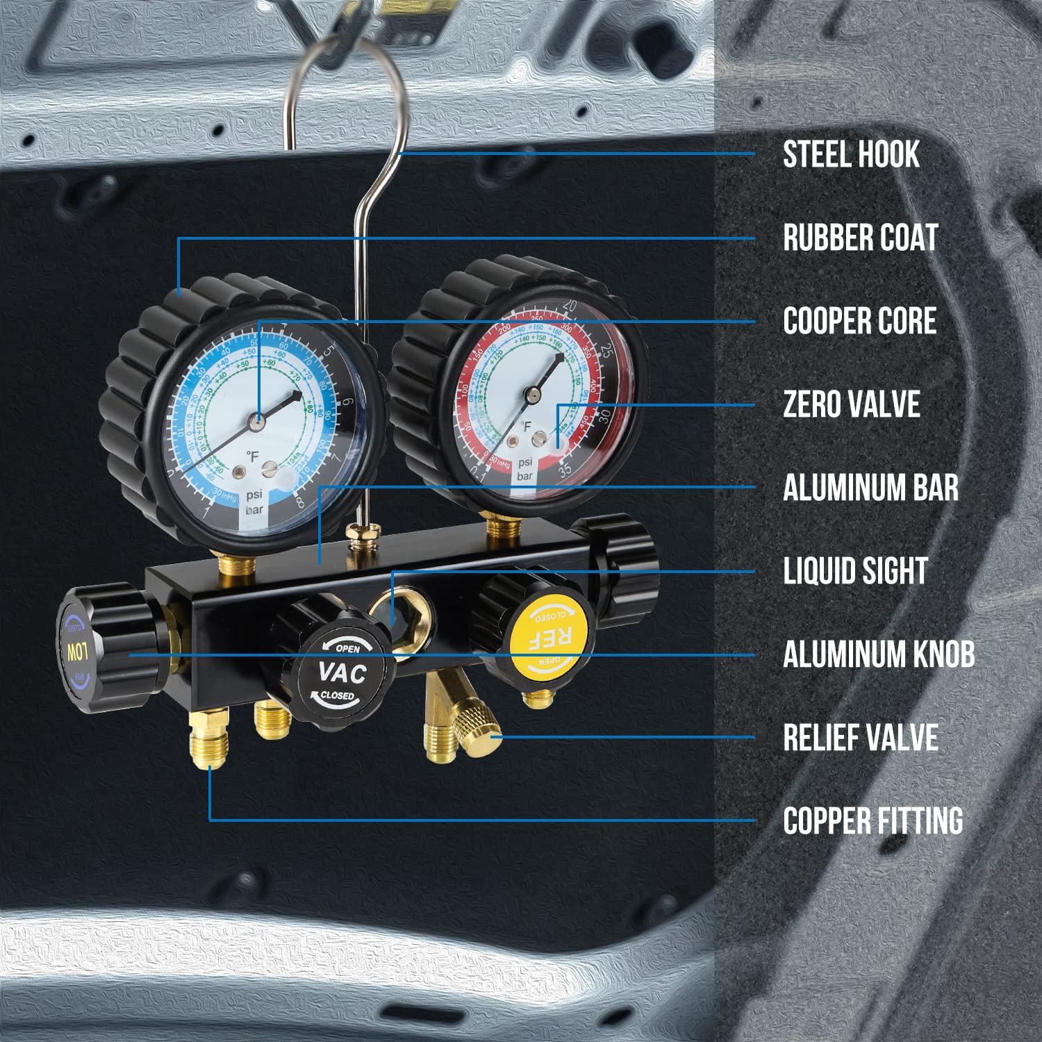 LICHAMP AC R1234YF R134A Gauge Set, Automotive 4 Valve Manifold Gauge Compatible with R1234YF and R134A Refrigerants, Works on Car Freon Charging and Evacuation