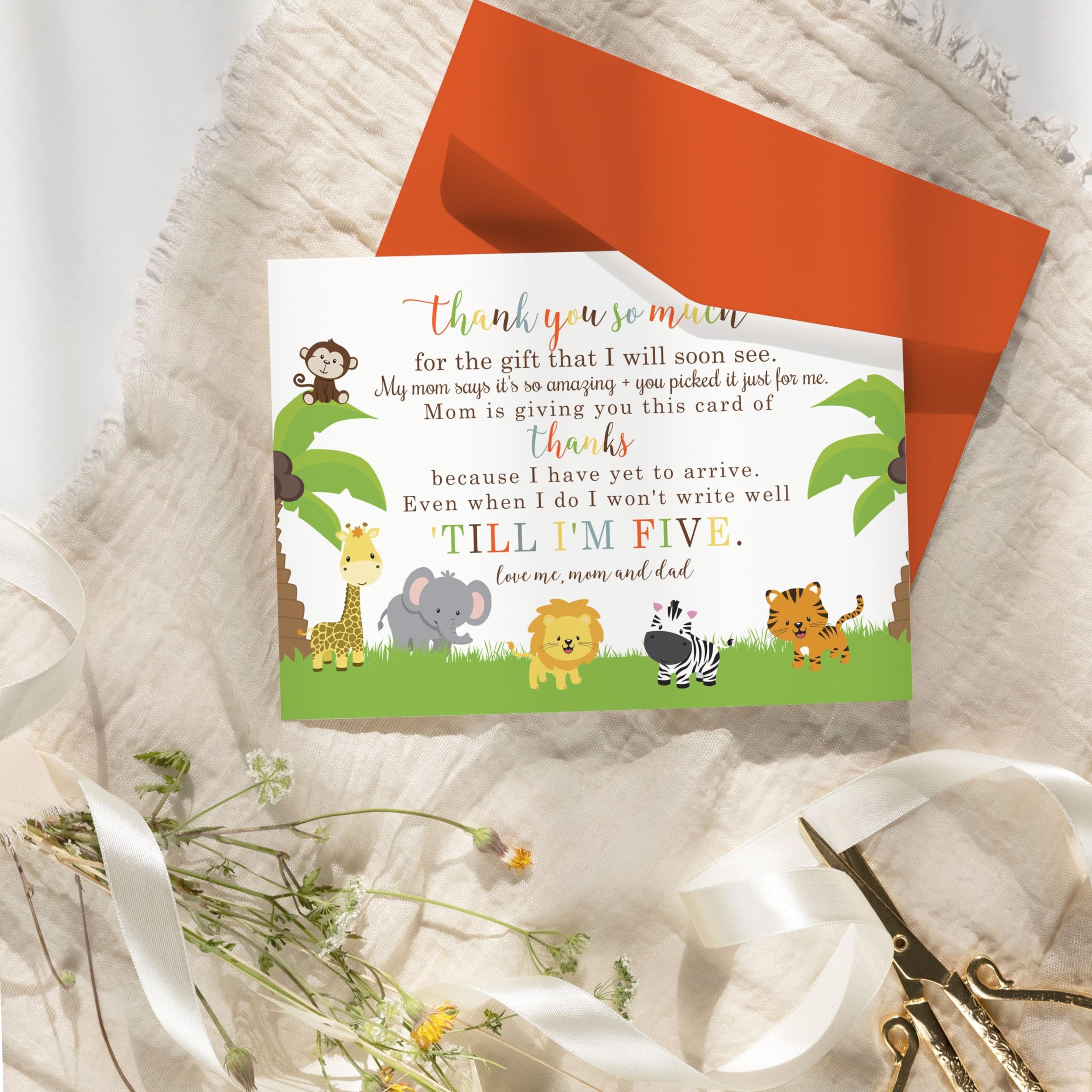 Jungle Baby Thank You Cards, 15 Pack – Cute Baby Shower Notes with Envelopes Set, Prefilled Message, Customizable and Personalize Blank Stationery Gender Neutral, New Parents Gift Ideas