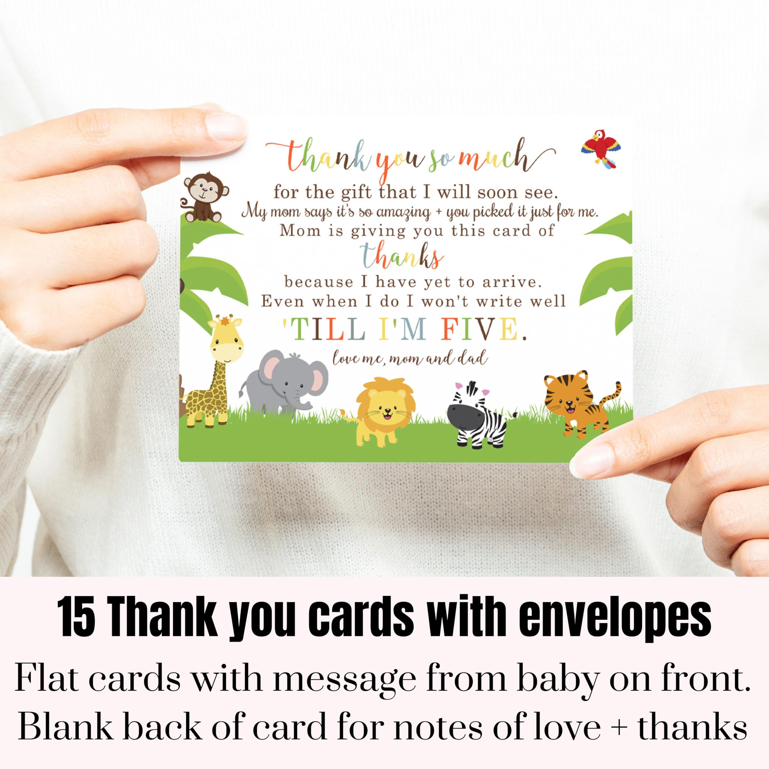 Jungle Baby Thank You Cards, 15 Pack – Cute Baby Shower Notes with Envelopes Set, Prefilled Message, Customizable and Personalize Blank Stationery Gender Neutral, New Parents Gift Ideas