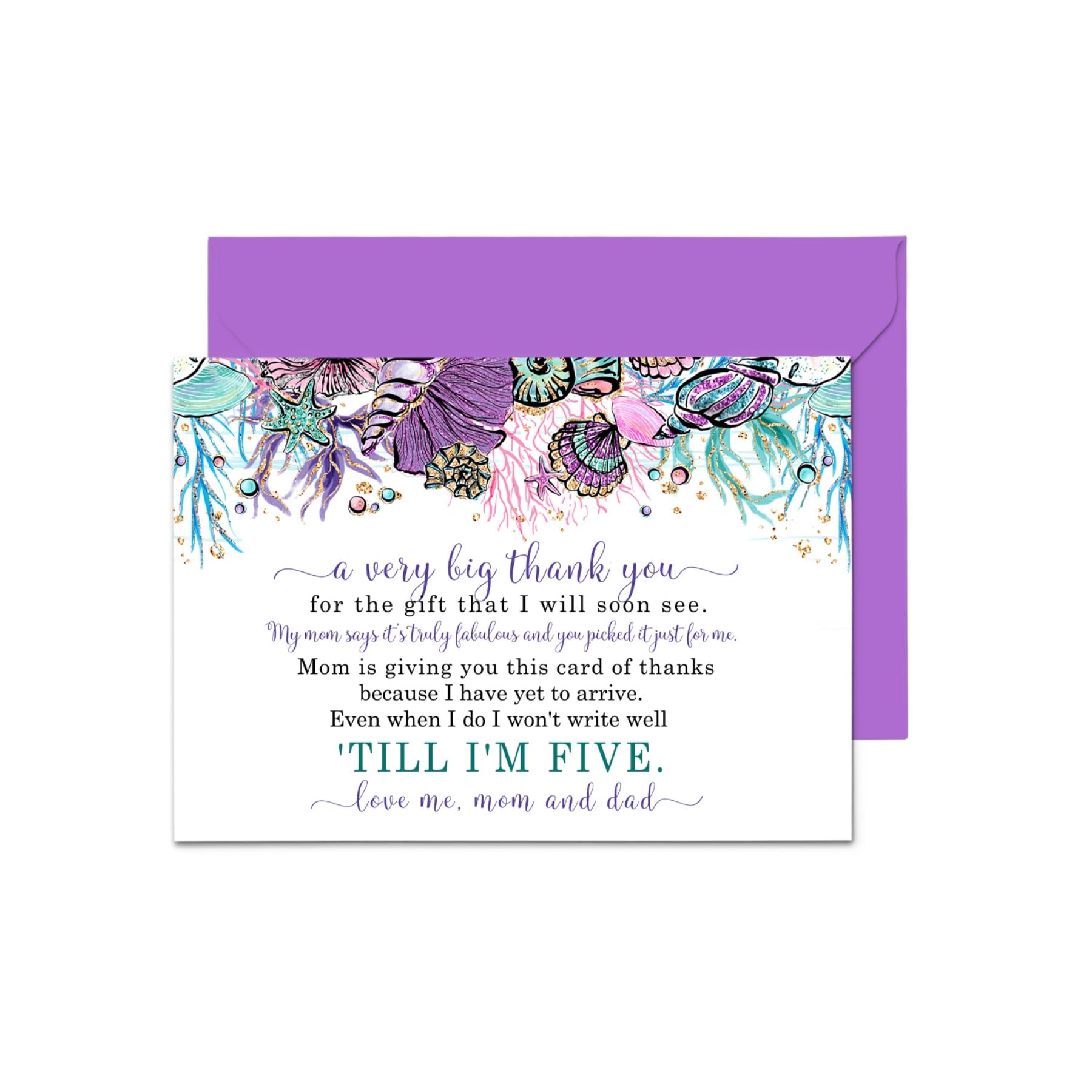 Enchanting Seashells Baby Thank You Cards, 15 Pack Cute Baby Shower Notes with Envelopes Set, Prefilled Message, Customizable and Personalize Blank Stationery Lilac Notecards Mermaid, New Parents Gift Ideas